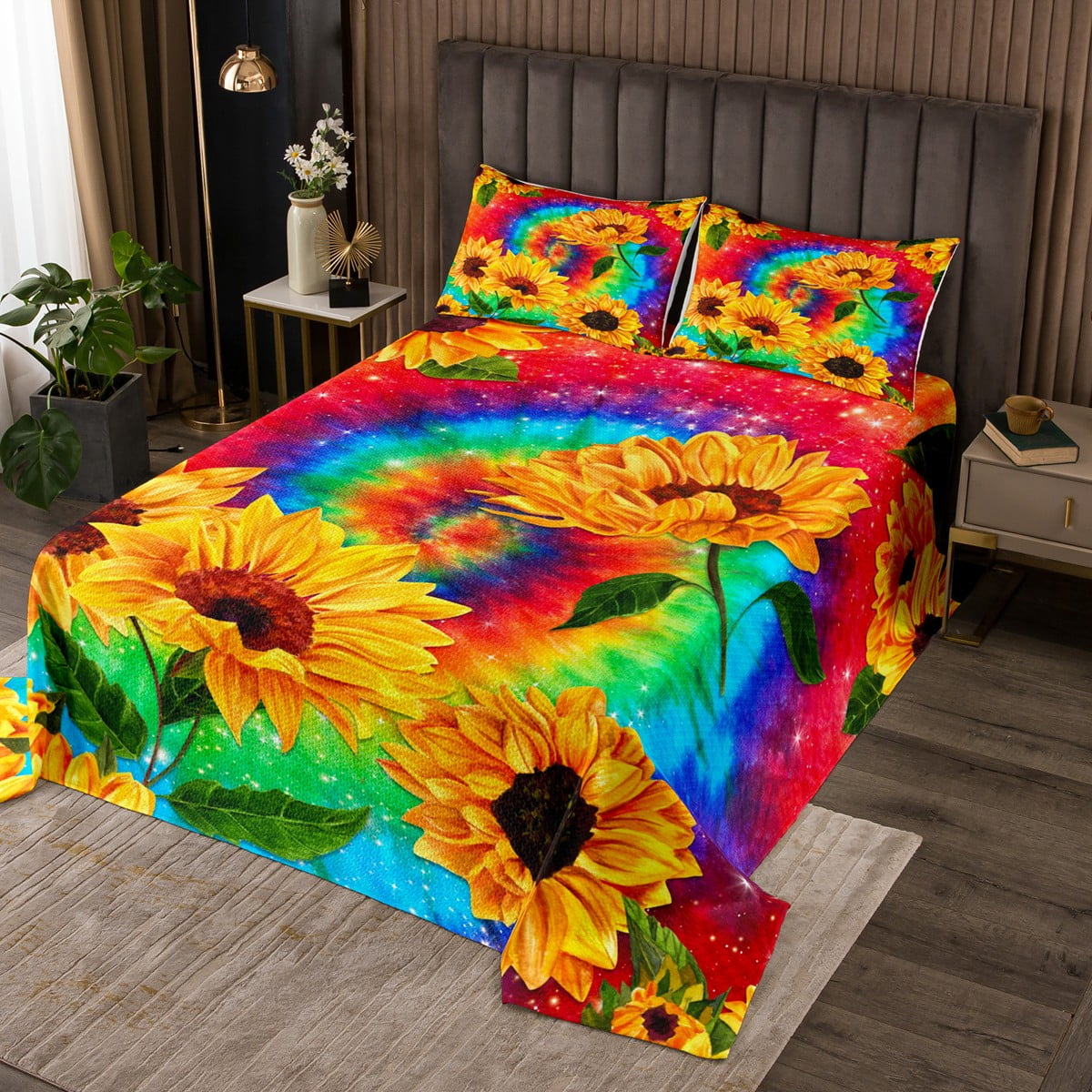 Sunflower Quilt Set Gradient Tie Dye Queen Bedspread Set,Spiral Swirl ...
