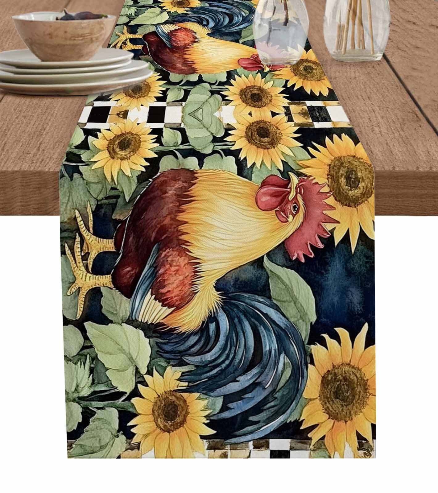 Sunflower Retro Rooster Burlap Cotton Table Runner 13x48 Inches Long ...