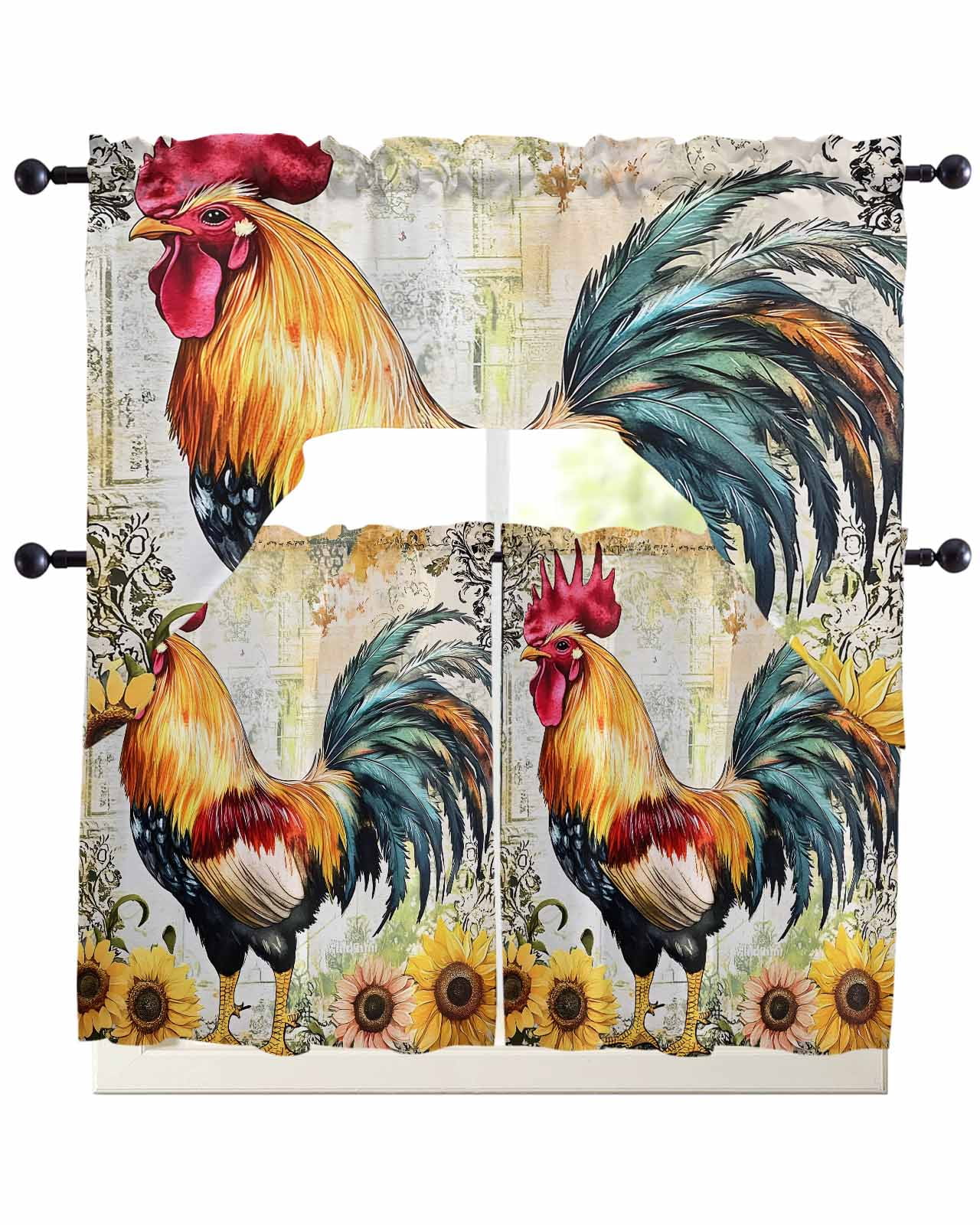 Sunflower Retro Rooster Kitchen Curtains Sets 24 Inch Length with ...