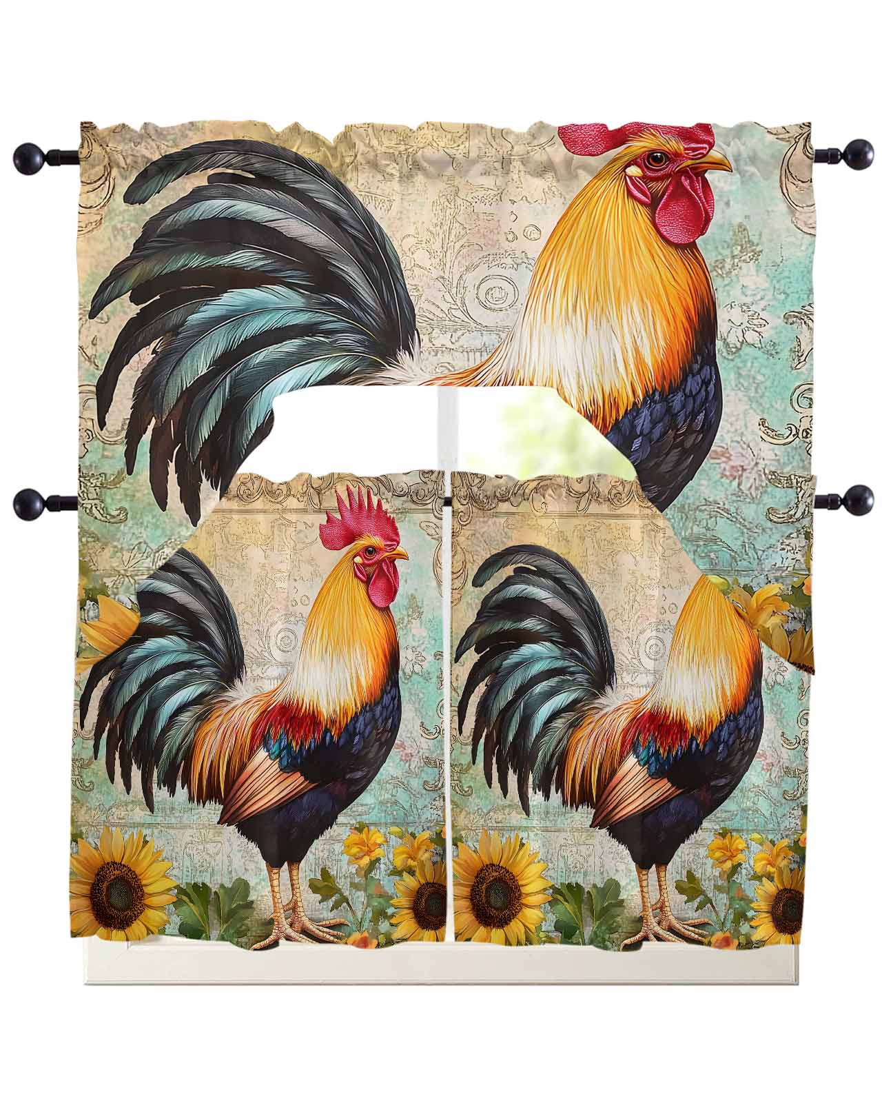 Sunflower Retro Rooster Kitchen Curtains Sets 24 Inch Length with ...
