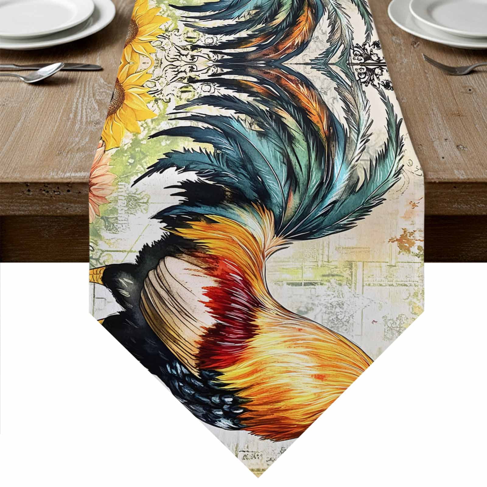 Sunflower Retro Rooster Table Runner Linen Burlap Table Runner 72 ...
