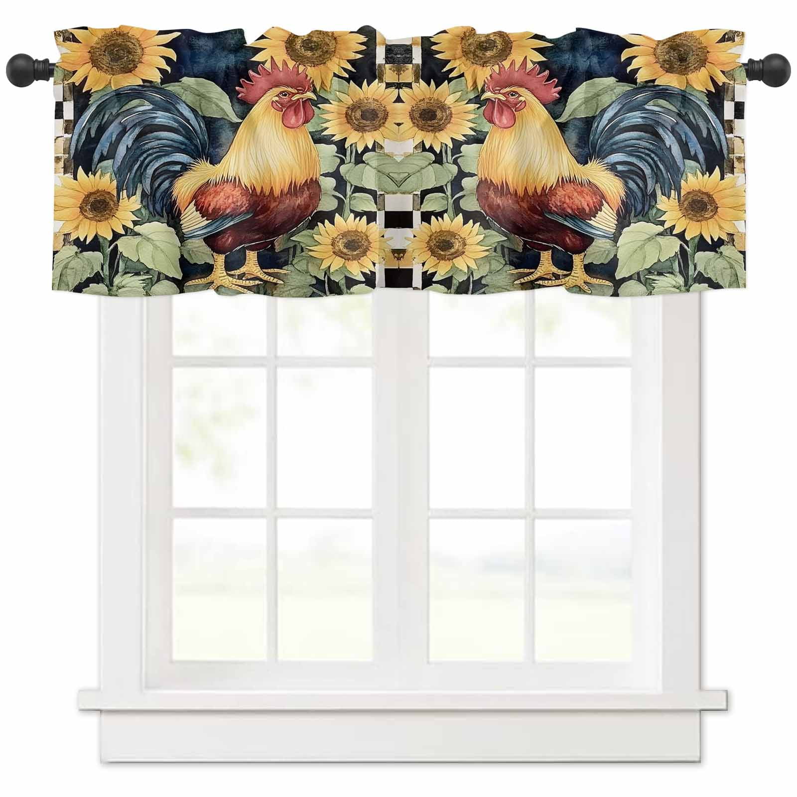 Sunflower Retro Rooster Valances for Windows Farmhouse Kitchen Curtains ...