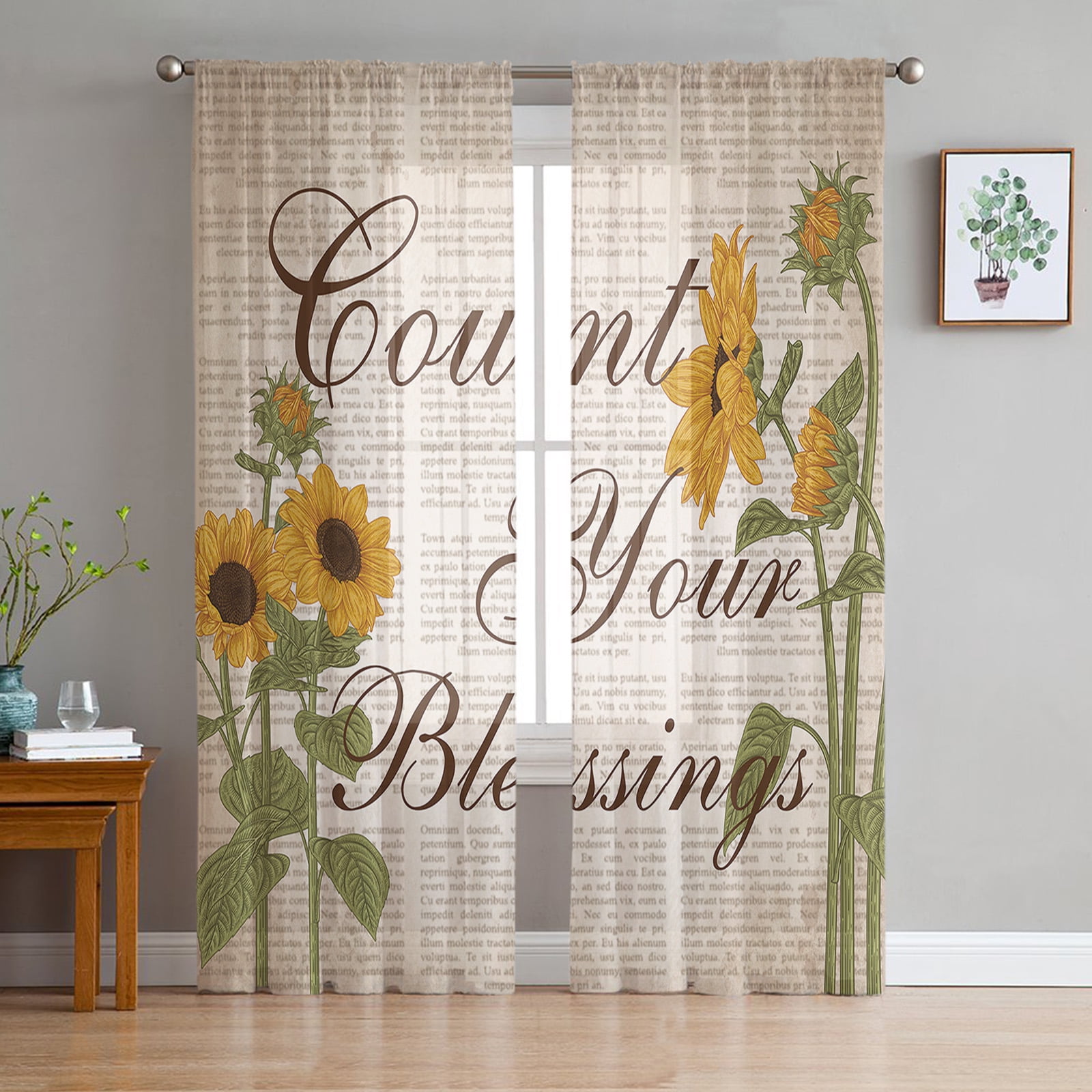 Sunflower Retro Text Article Sheer Curtains for Living Room Bedroom ...