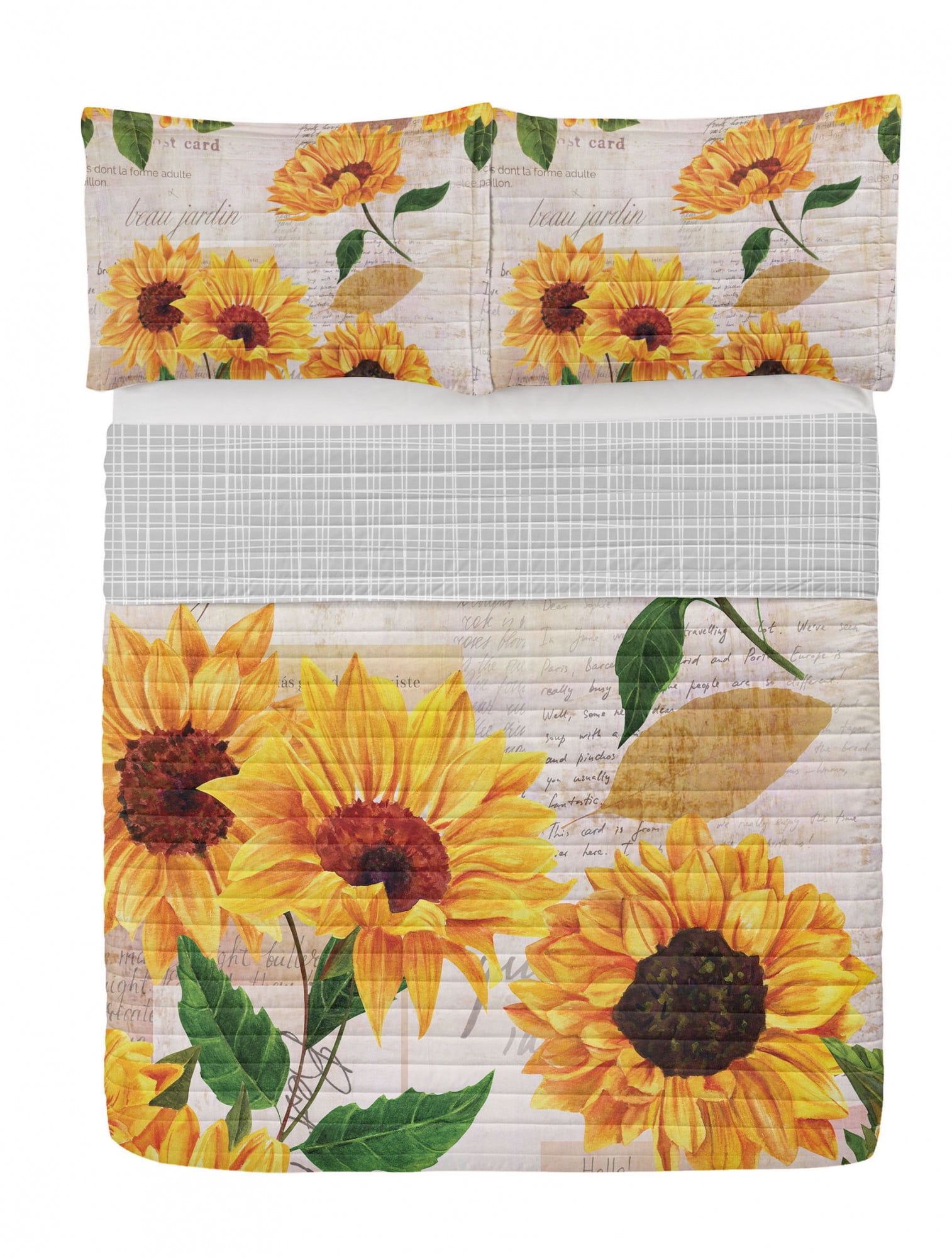 Sunflower Reversible Bedspread Set, Romantic Flowers on Old Fashioned ...