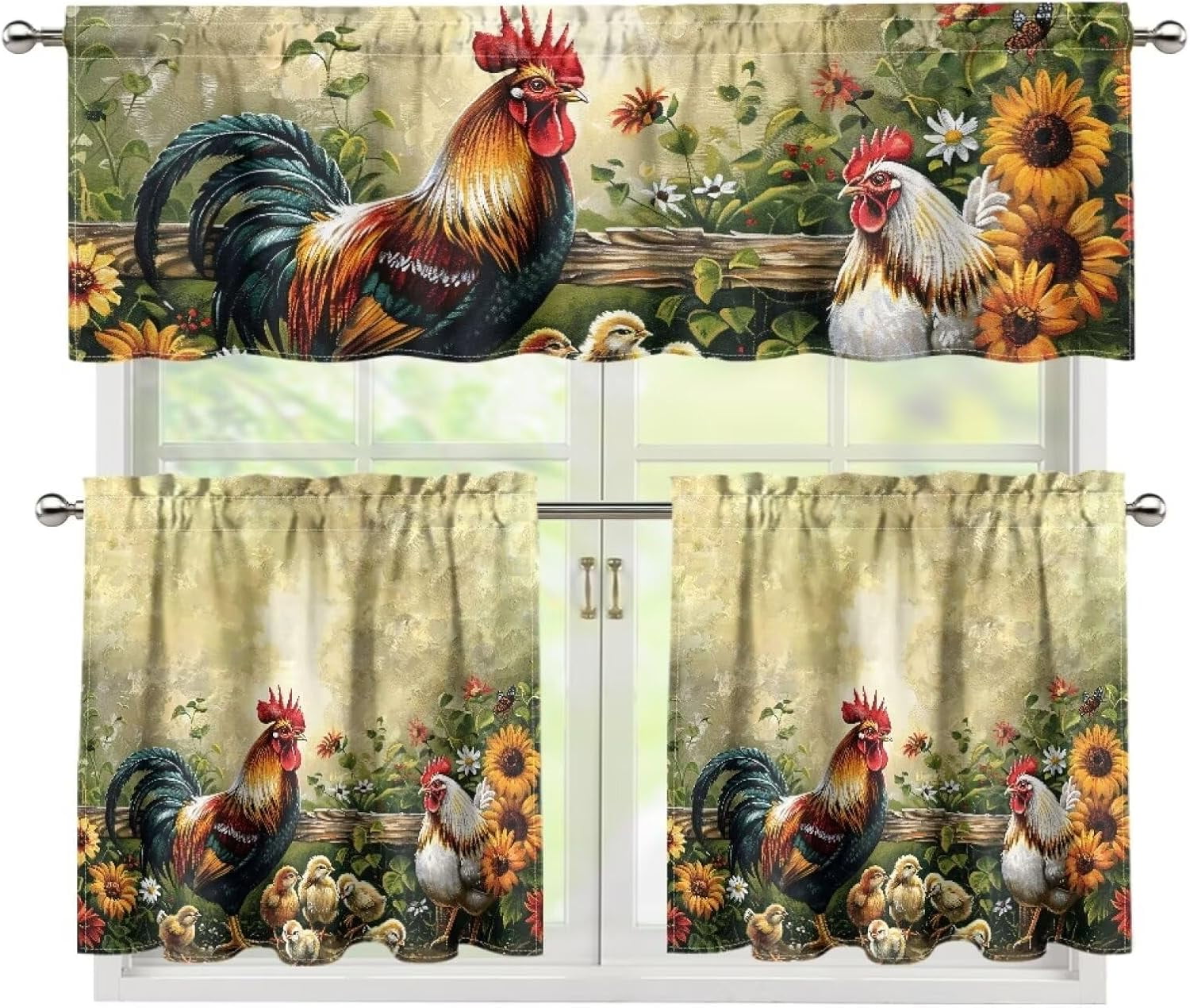 Sunflower Rooster 3-Piece Tier Curtains 24 Inches Long Country Kitchen ...