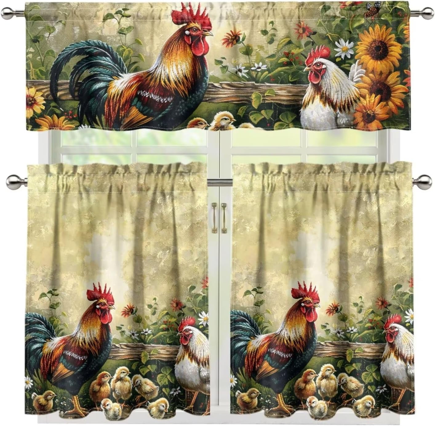 Sunflower Rooster 3-Piece Tier Curtains 36 Inch Long Country Kitchen ...