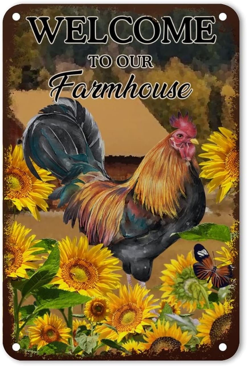 Sunflower Rooster Butterfly Metal Sign Welcome to Our Farmhouse Tin ...