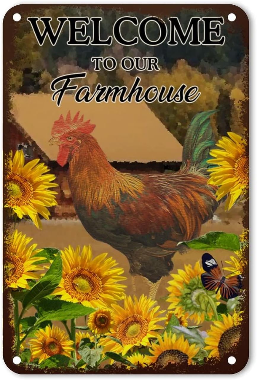 Sunflower Rooster Butterfly Metal Sign Welcome to Our Farmhouse Tin ...