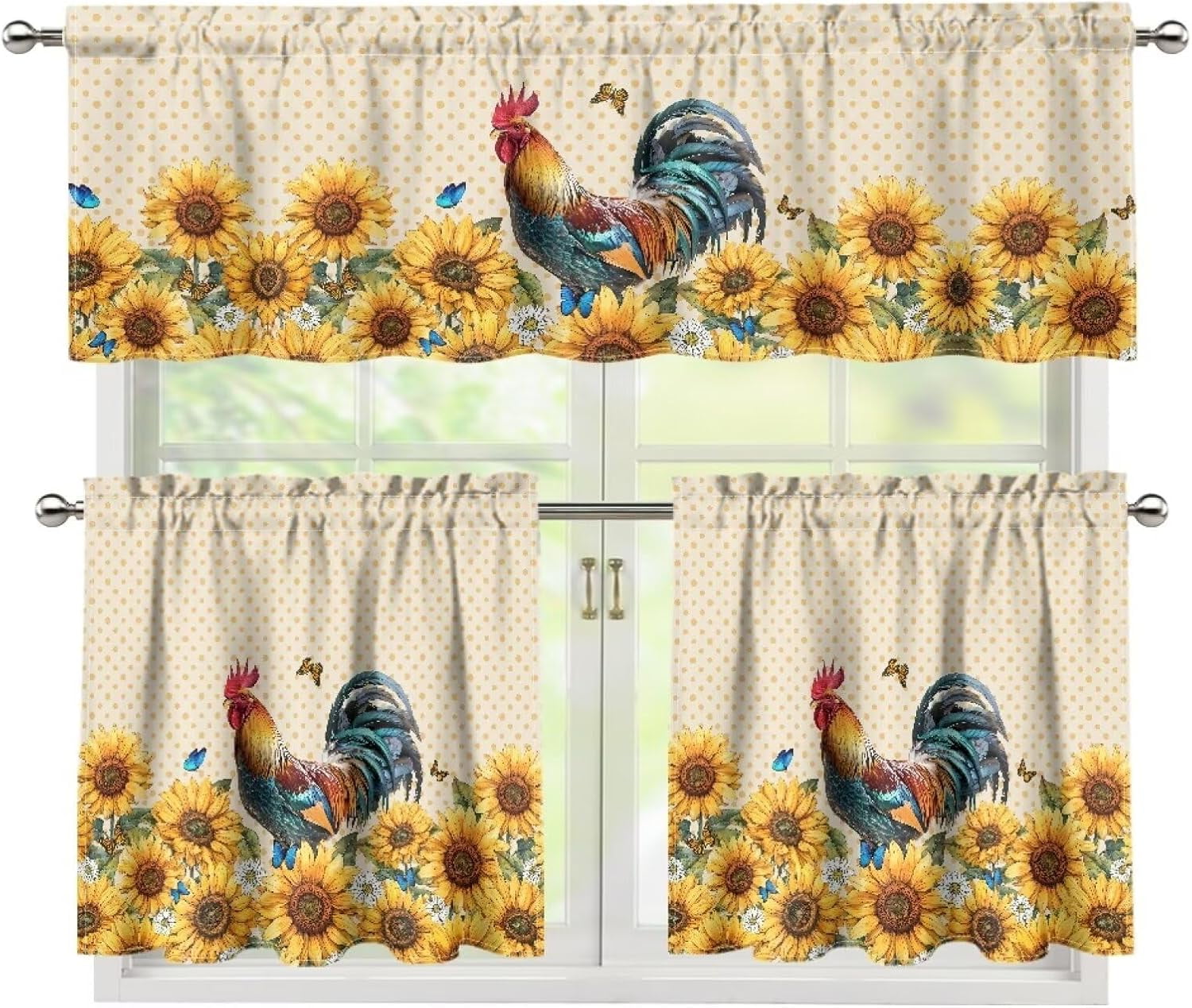 Sunflower Rooster Kitchen Curtains and Valances Set Tier Curtains 24 ...