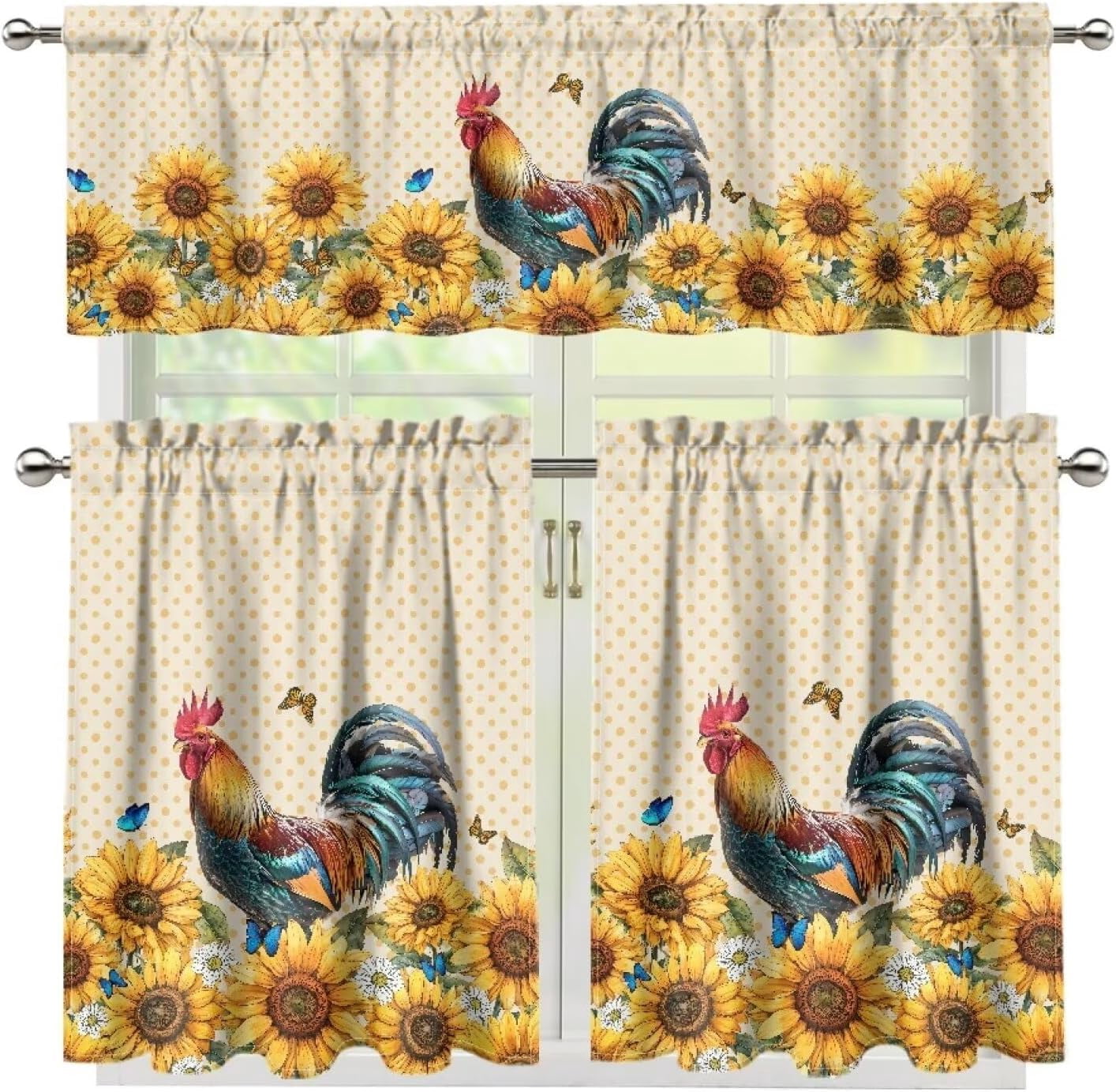 Sunflower Rooster Kitchen Curtains and Valances Set Tier Curtains 24 ...