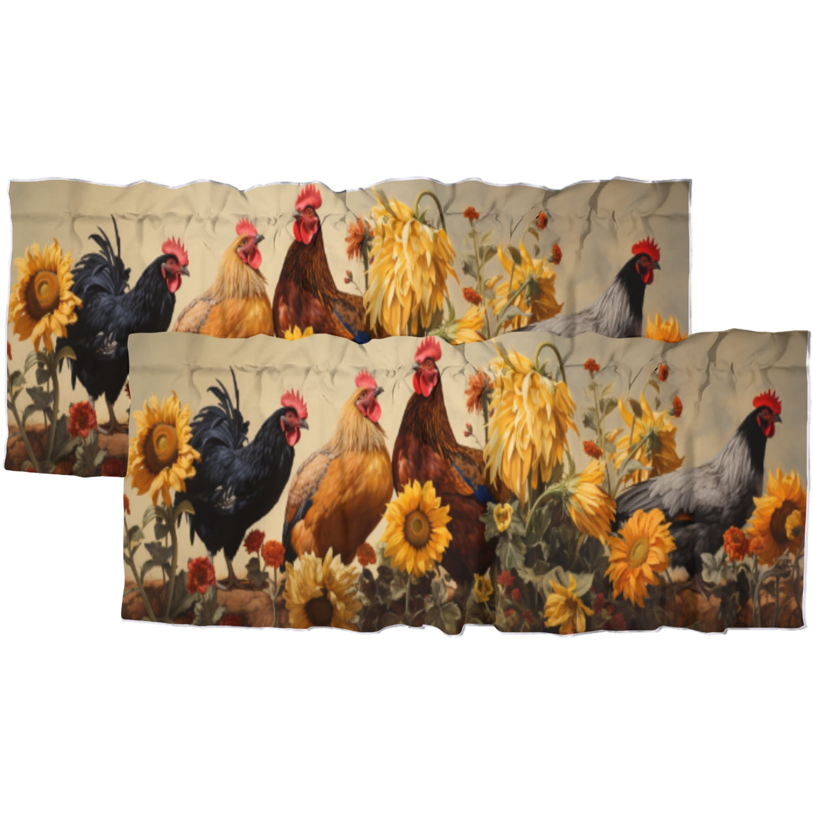 Sunflower Rooster Kitchen Valance Curtains Rustic Country Farmhouse ...