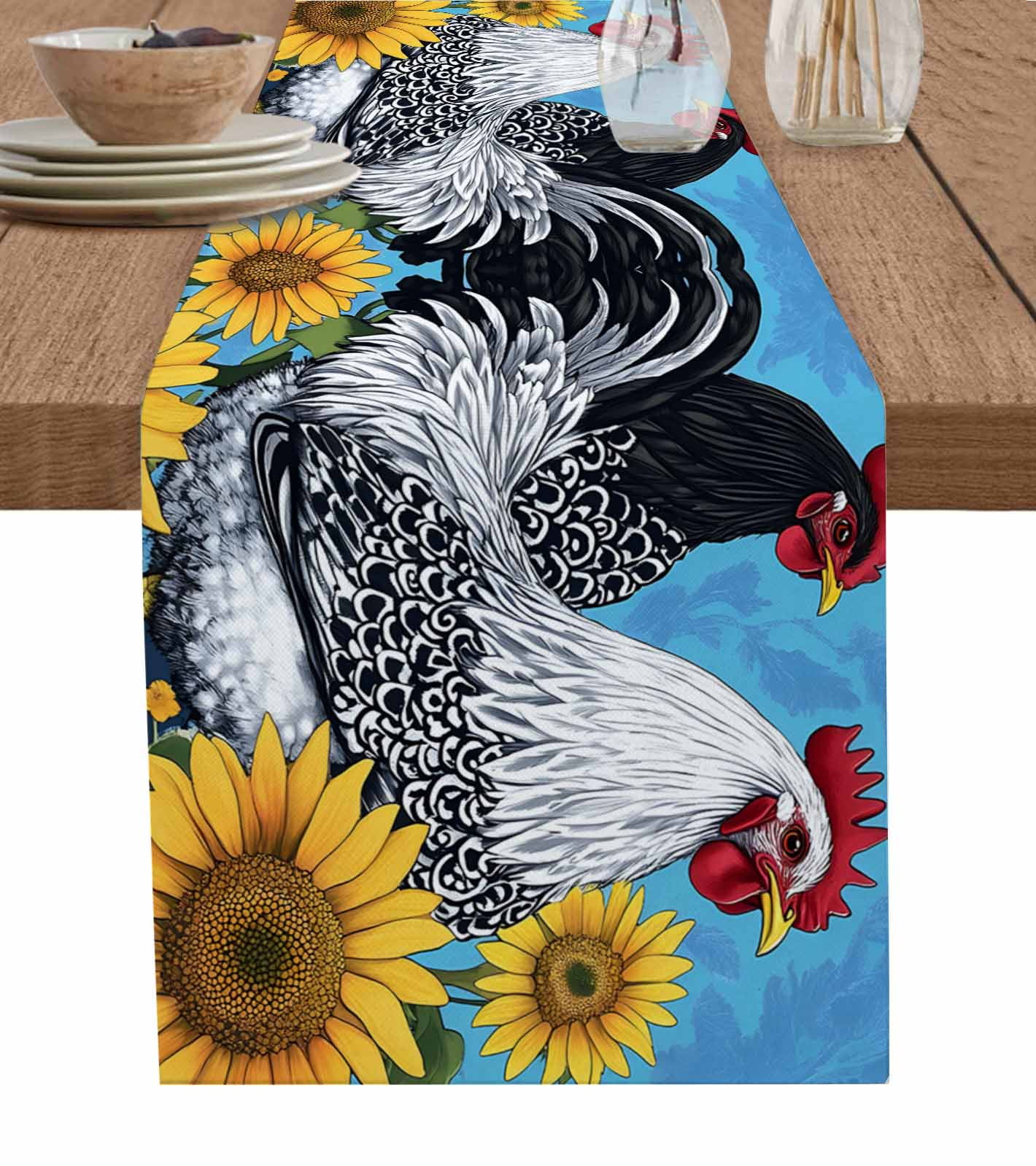 Sunflower Rooster Table Runner 48 Inches, Yellow Summer Flower Vintage Bed Runner Dresser ...