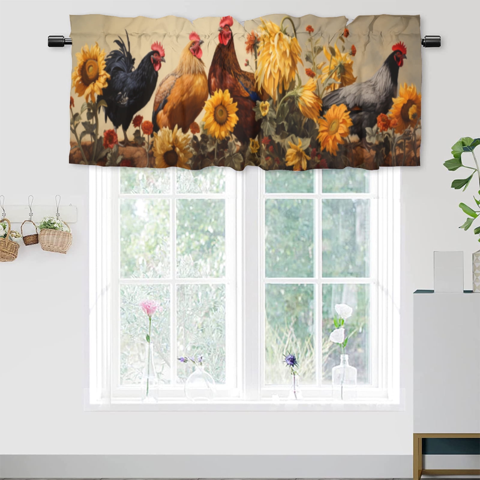 Sunflower Rooster Window Curtain Valance Rustic Country Farmhouse ...