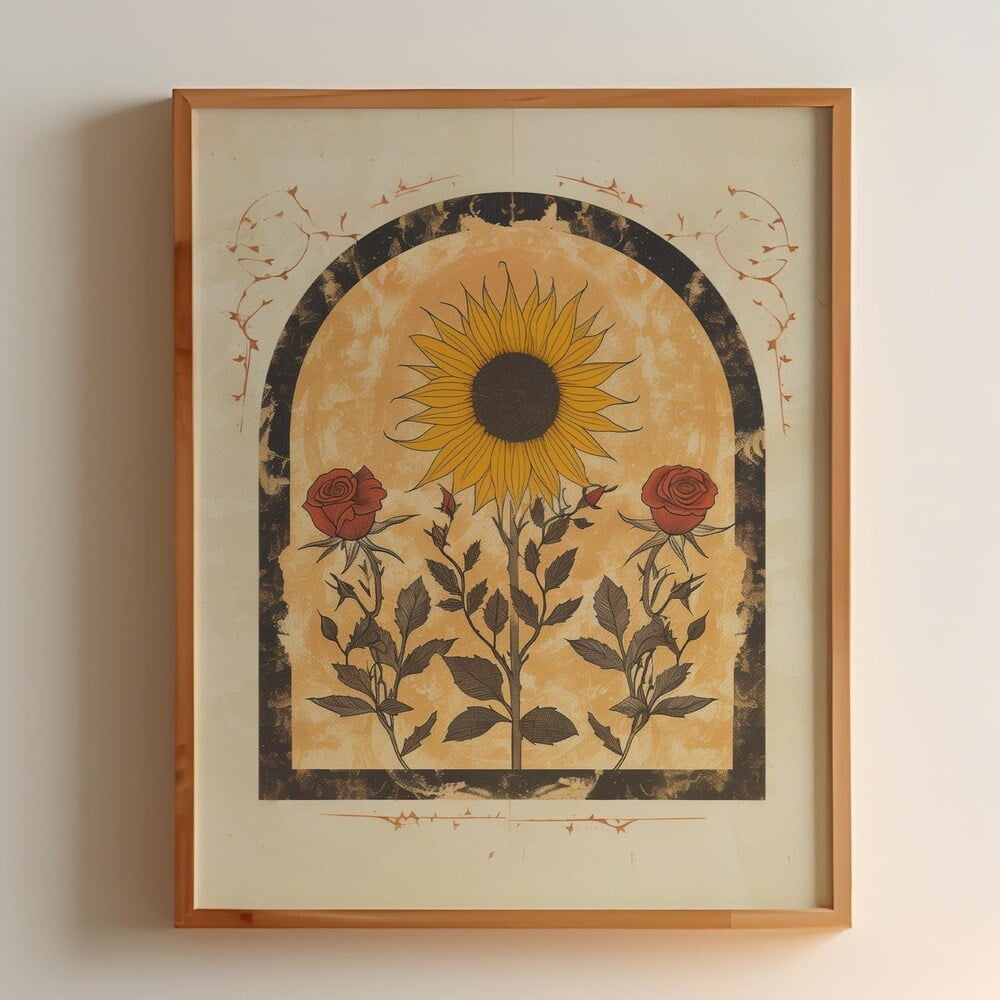Sunflower And Roses Sun Art Poster Mystical Folk Art Illustration ...