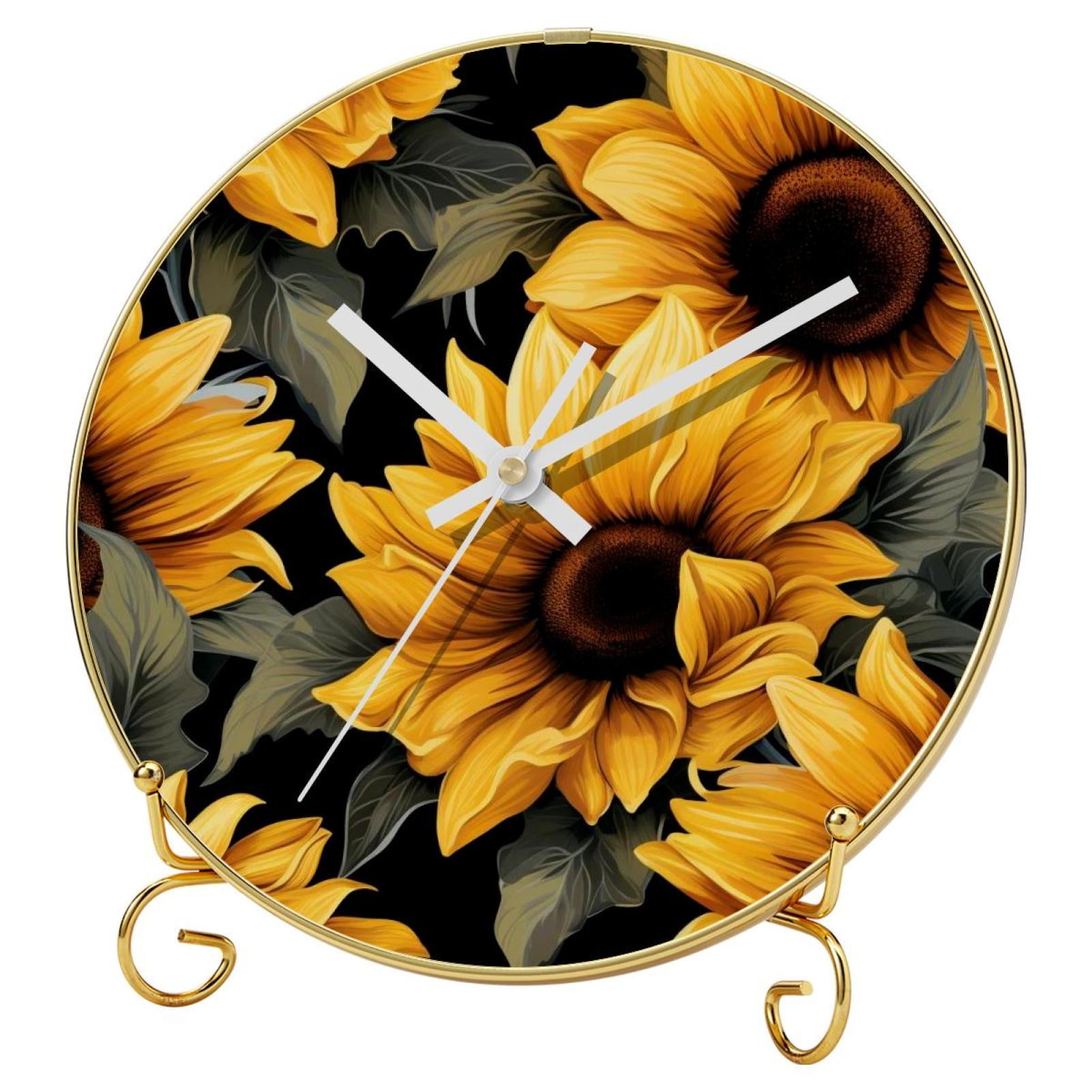 Sunflower Round Printed Wall Clocks with Hooks and Gold Stand - Silent ...