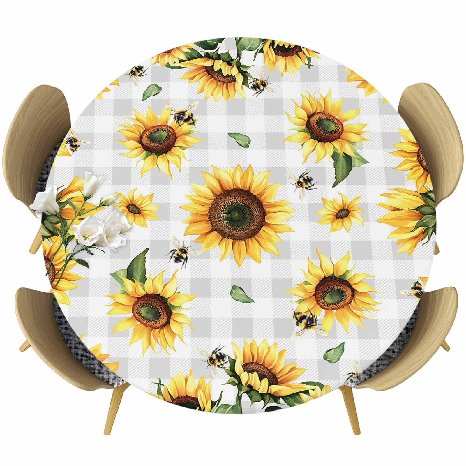 Sunflower Round Tablecloth, Fitted Table Cover with Elastic for 55"-60 ...