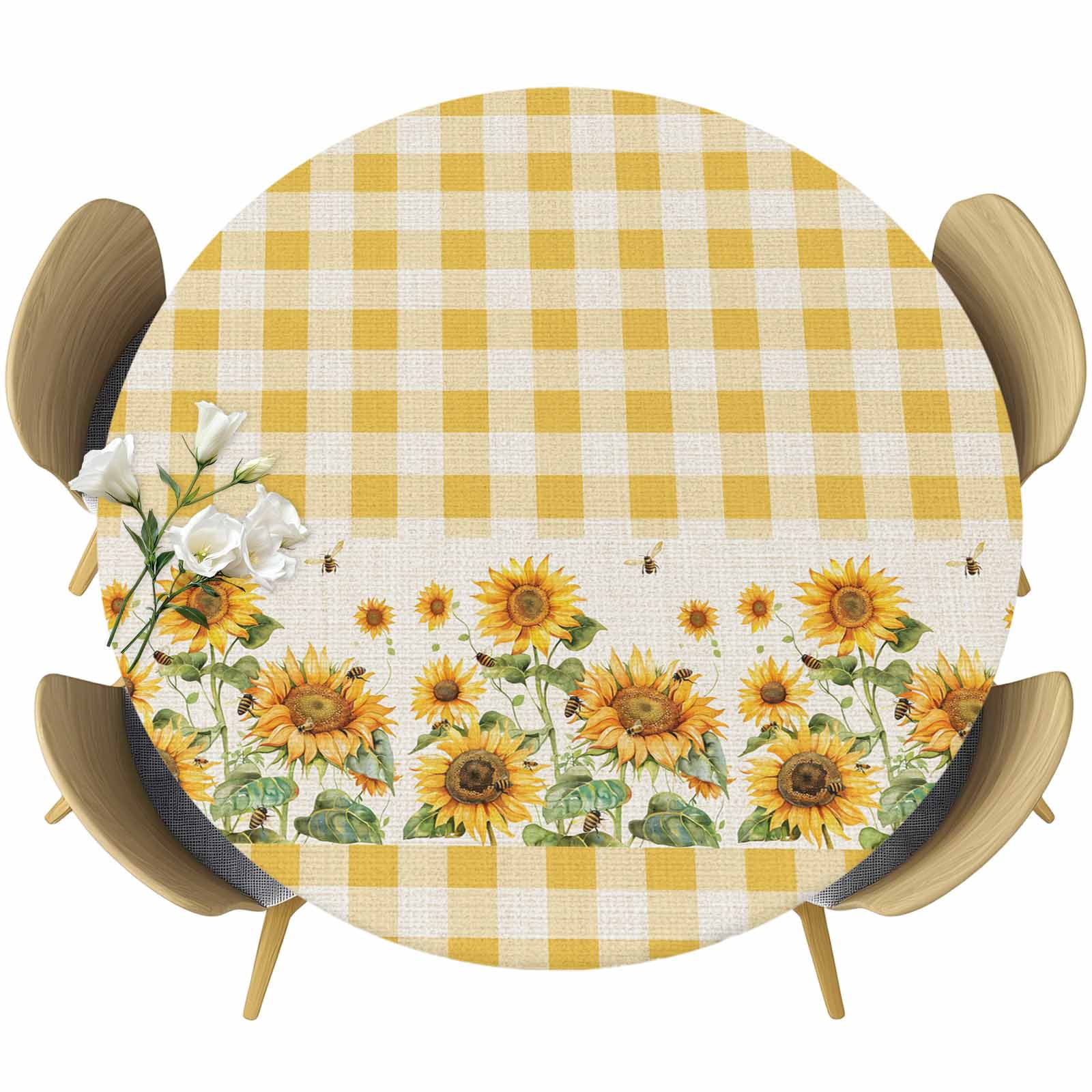 Sunflower Round Tablecloth, Fitted Table Cover with Elastic for 55"-60 ...