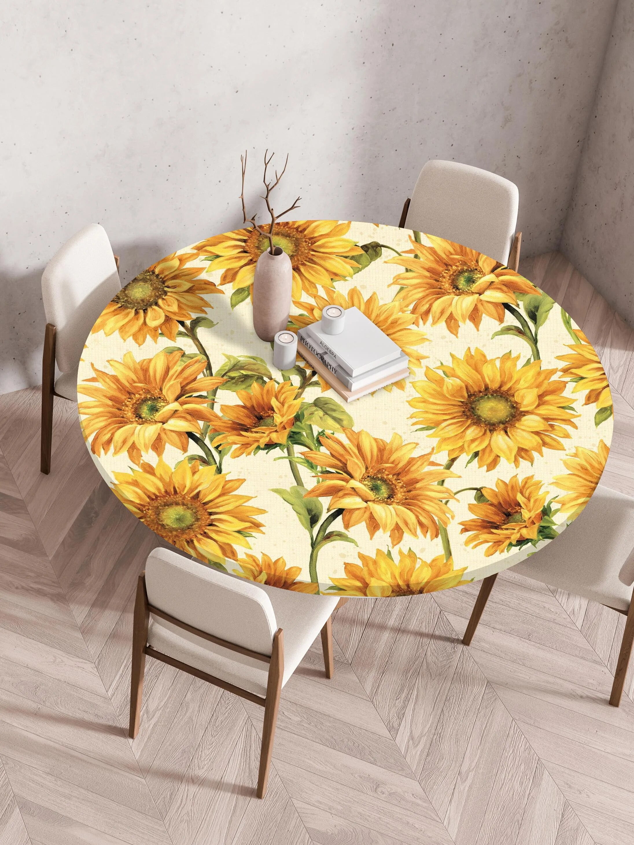 Sunflower Round Tablecloth Yellow Floral Elastic Fitted Table Covers ...