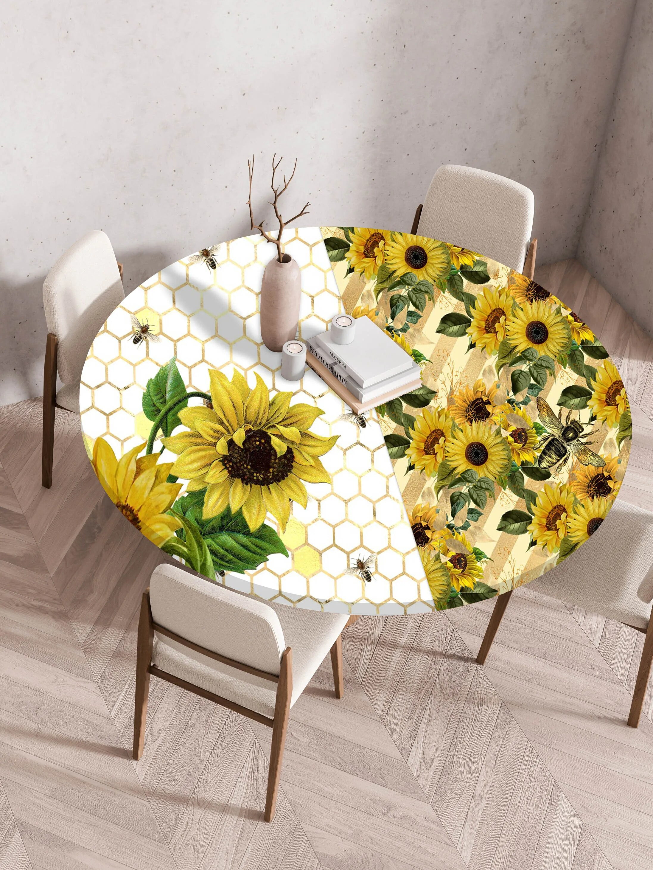 Sunflower Round Tablecloth Yellow Floral Elastic Fitted Table Covers ...