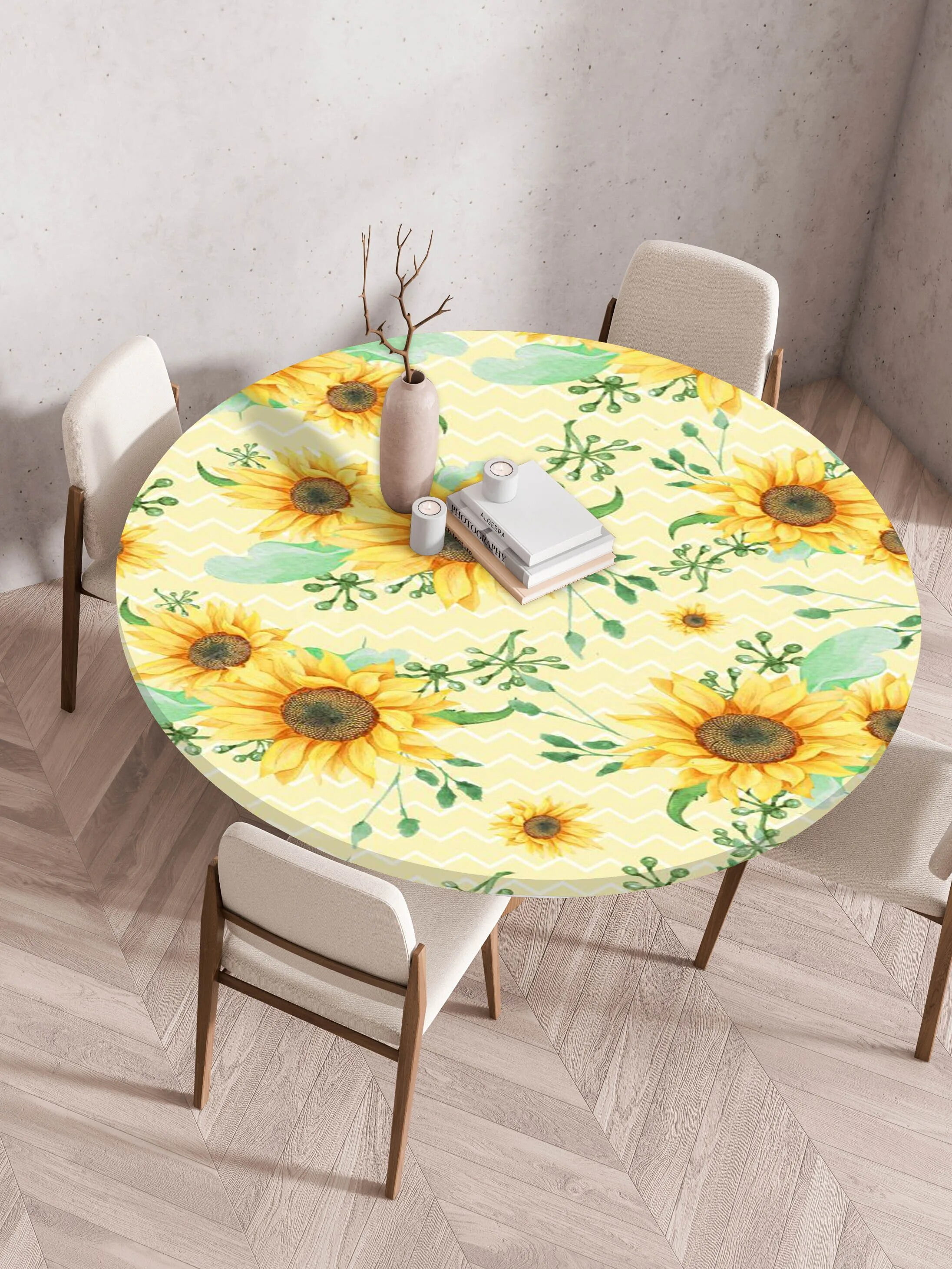 Sunflower Round Tablecloth Yellow Floral Elastic Fitted Table Covers ...
