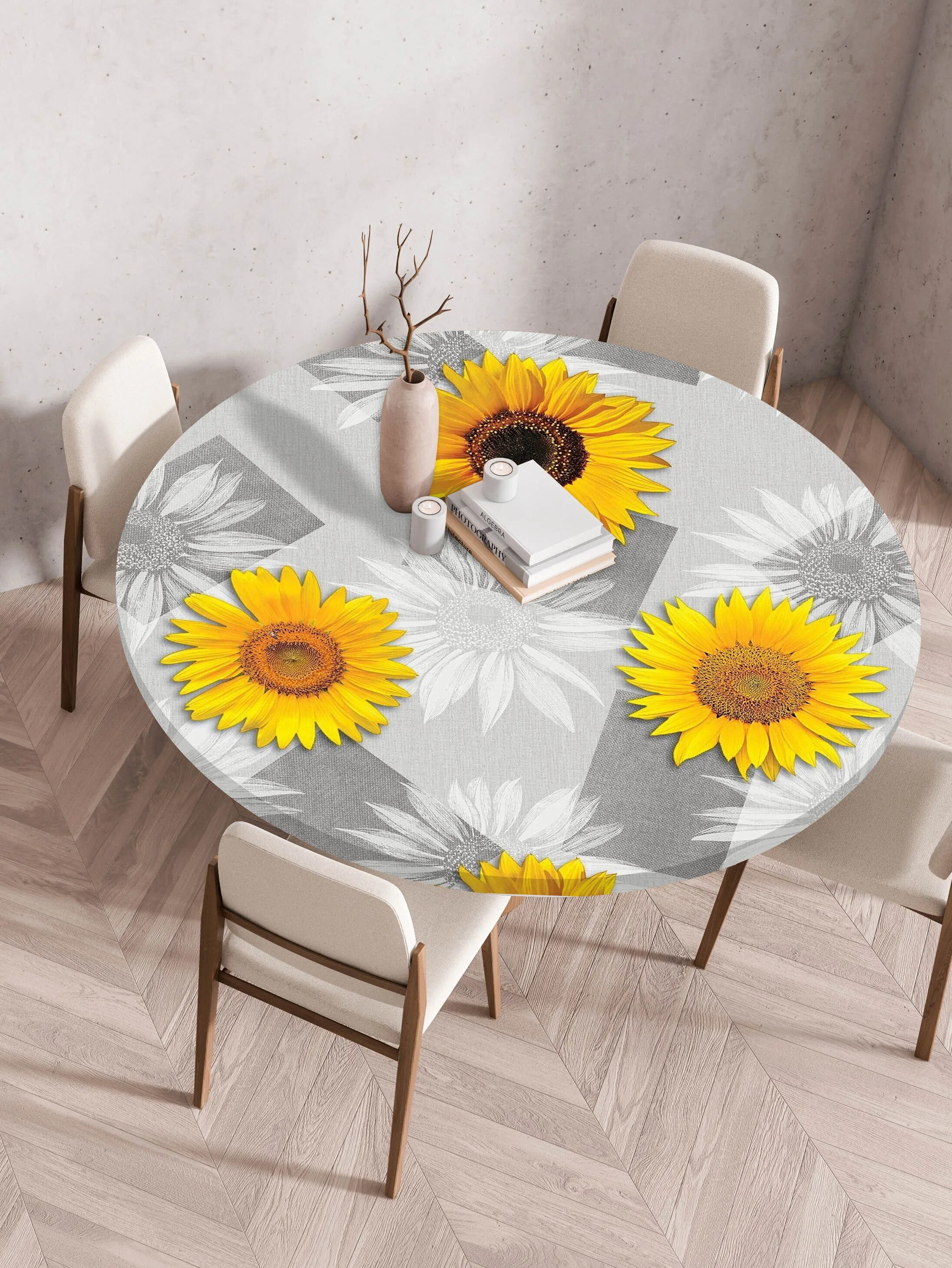 Sunflower Round Tablecloth Yellow Floral Elastic Fitted Table Covers ...