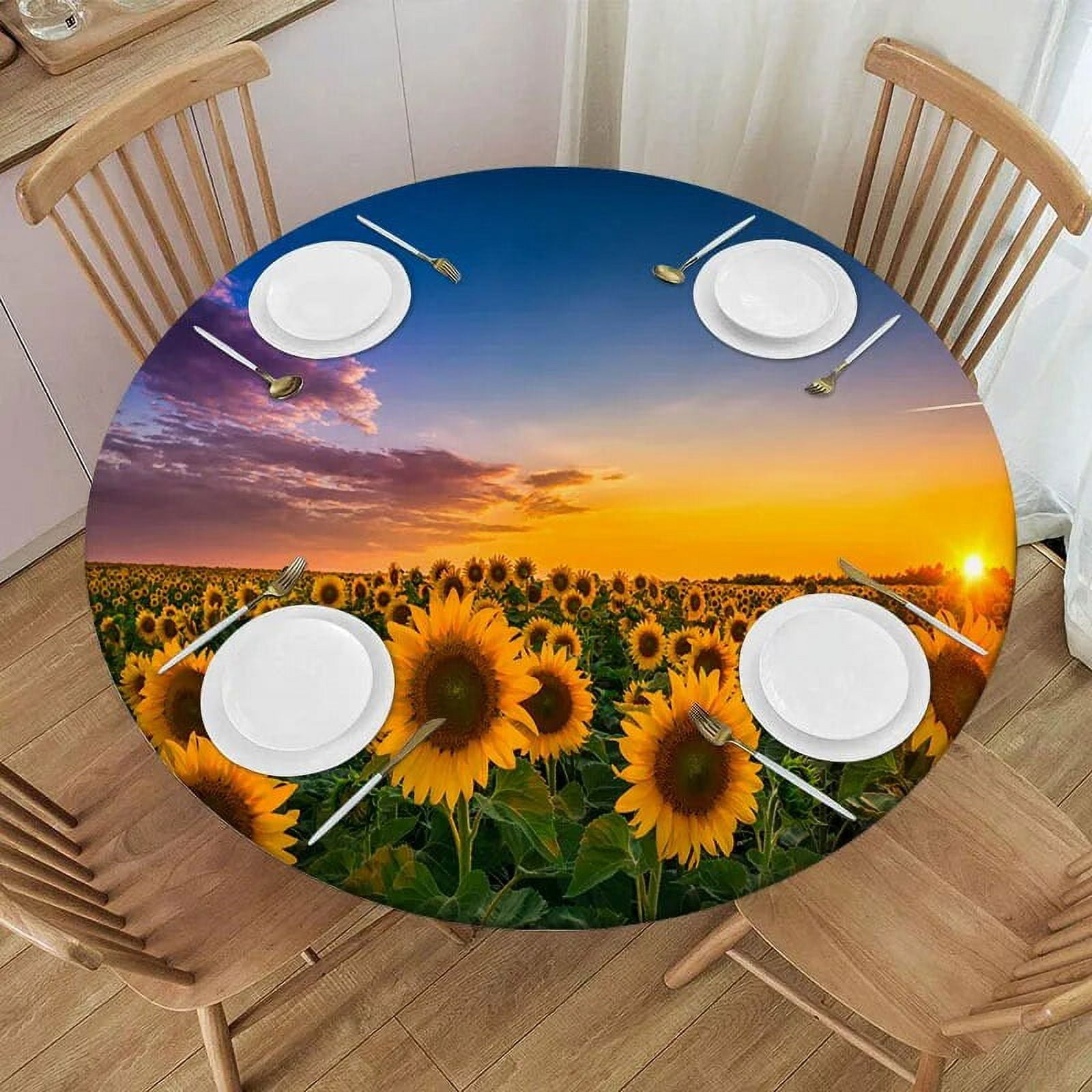 Sunflower Round Tablecloths for Dining Table Elastic Fitted Table Cover ...