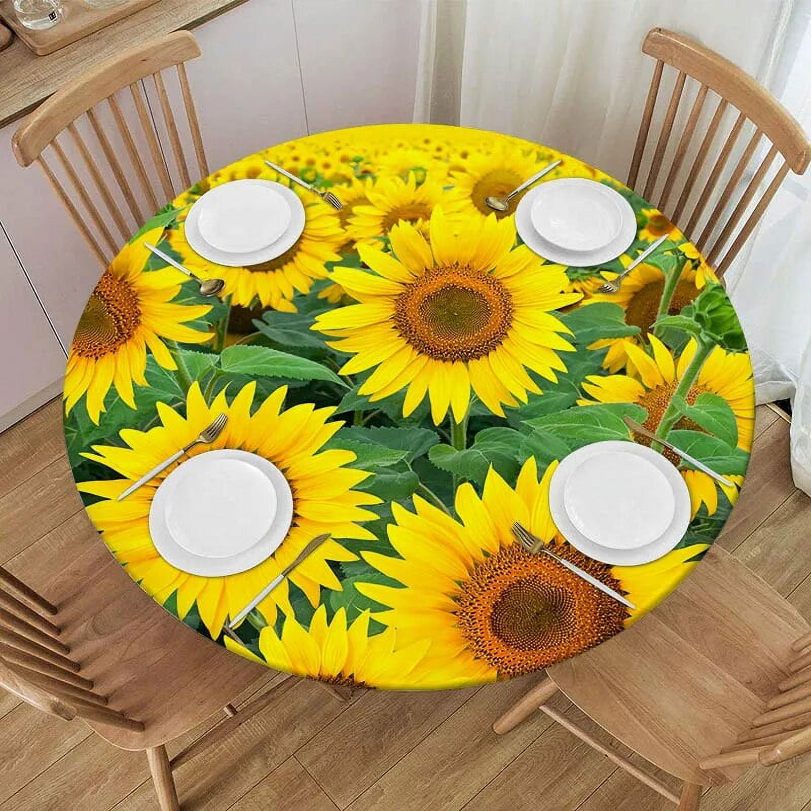 Sunflower Round Tablecloths for Dining Table Elastic Fitted Table Cover ...