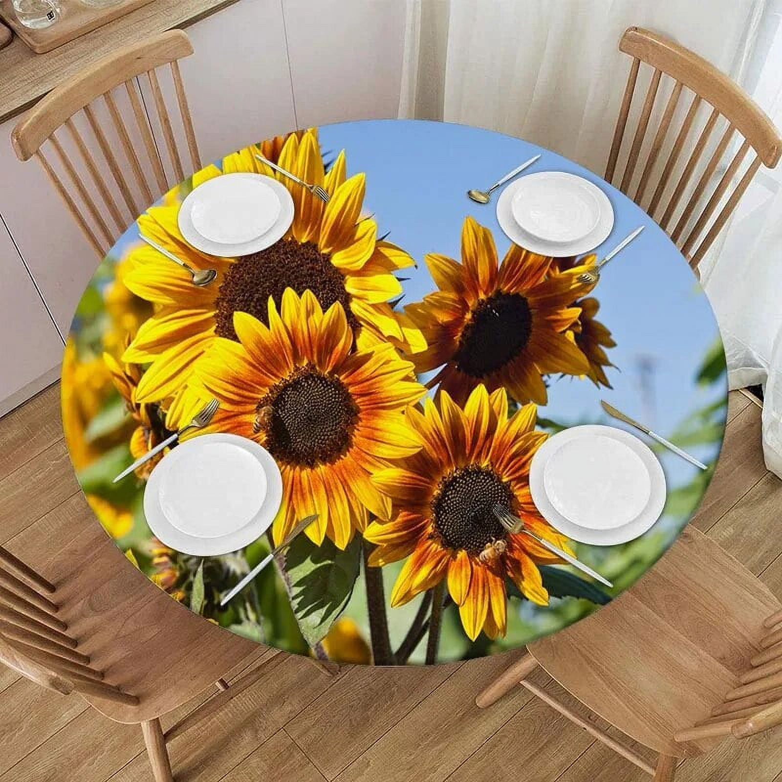 Sunflower Round Tablecloths for Dining Table Elastic Fitted Table Cover ...