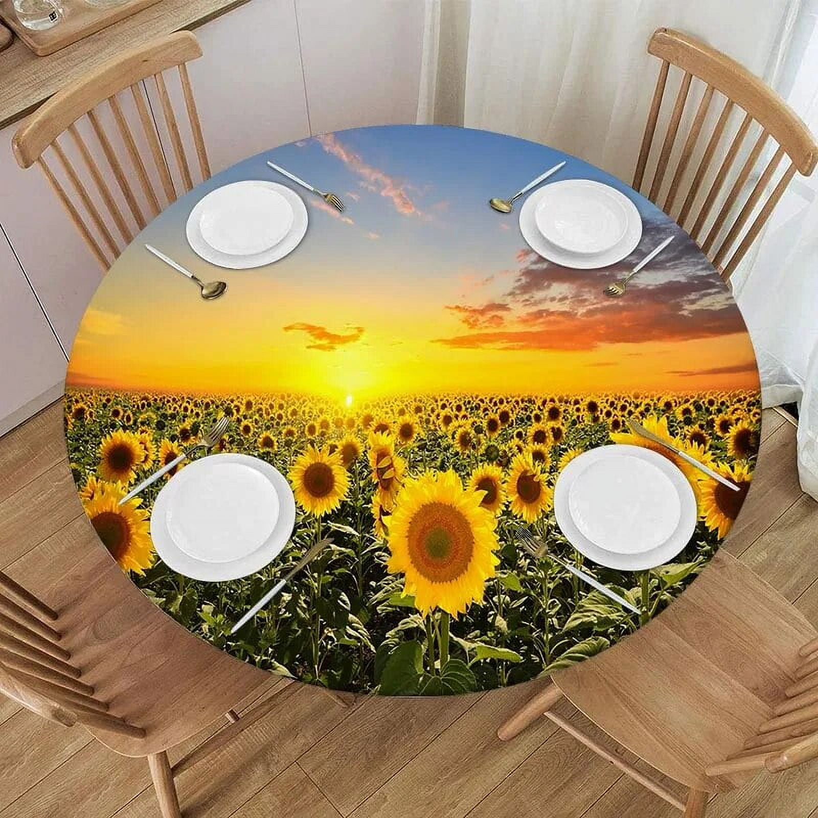 Sunflower Round Tablecloths for Dining Table Elastic Fitted Table Cover ...