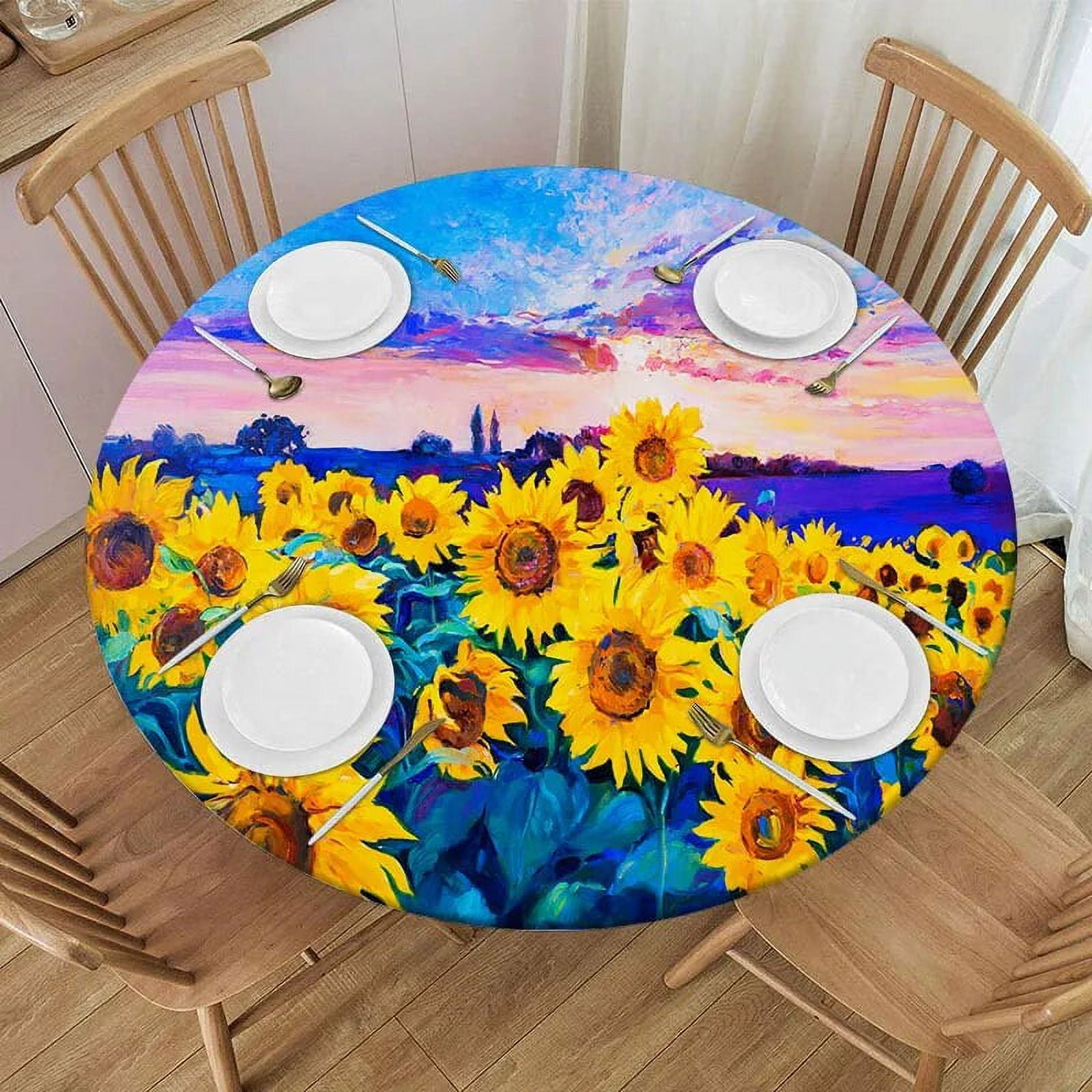 Sunflower Round Tablecloths for Dining Table Elastic Fitted Table Cover ...