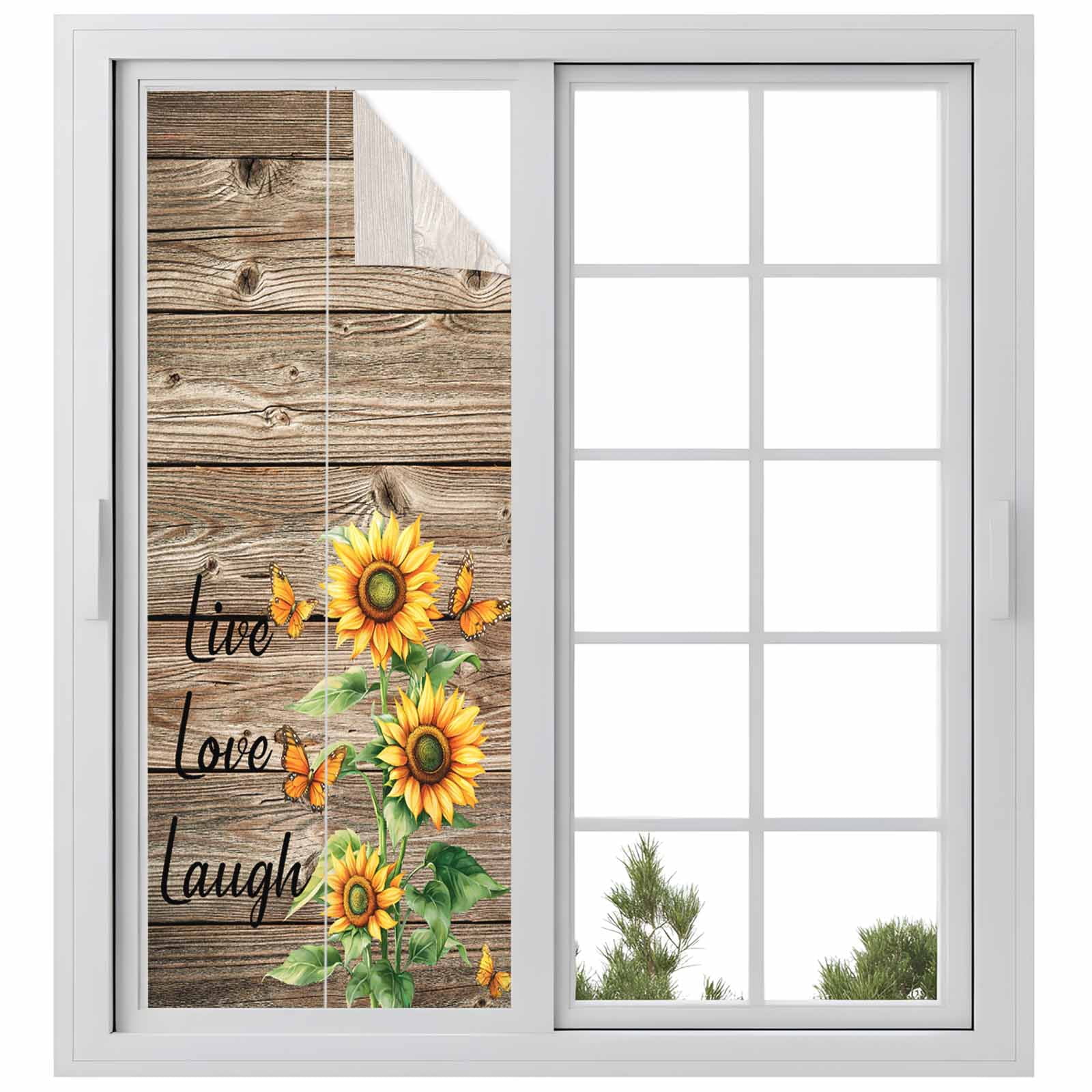 Sunflower Rustic Window Privacy Film, Vintage Wooden Flowers Butterfly ...
