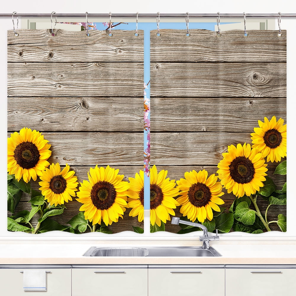 Sunflower on Rustic Wooden Kitchen Curtains, Sunflowers on Rustic Wood ...