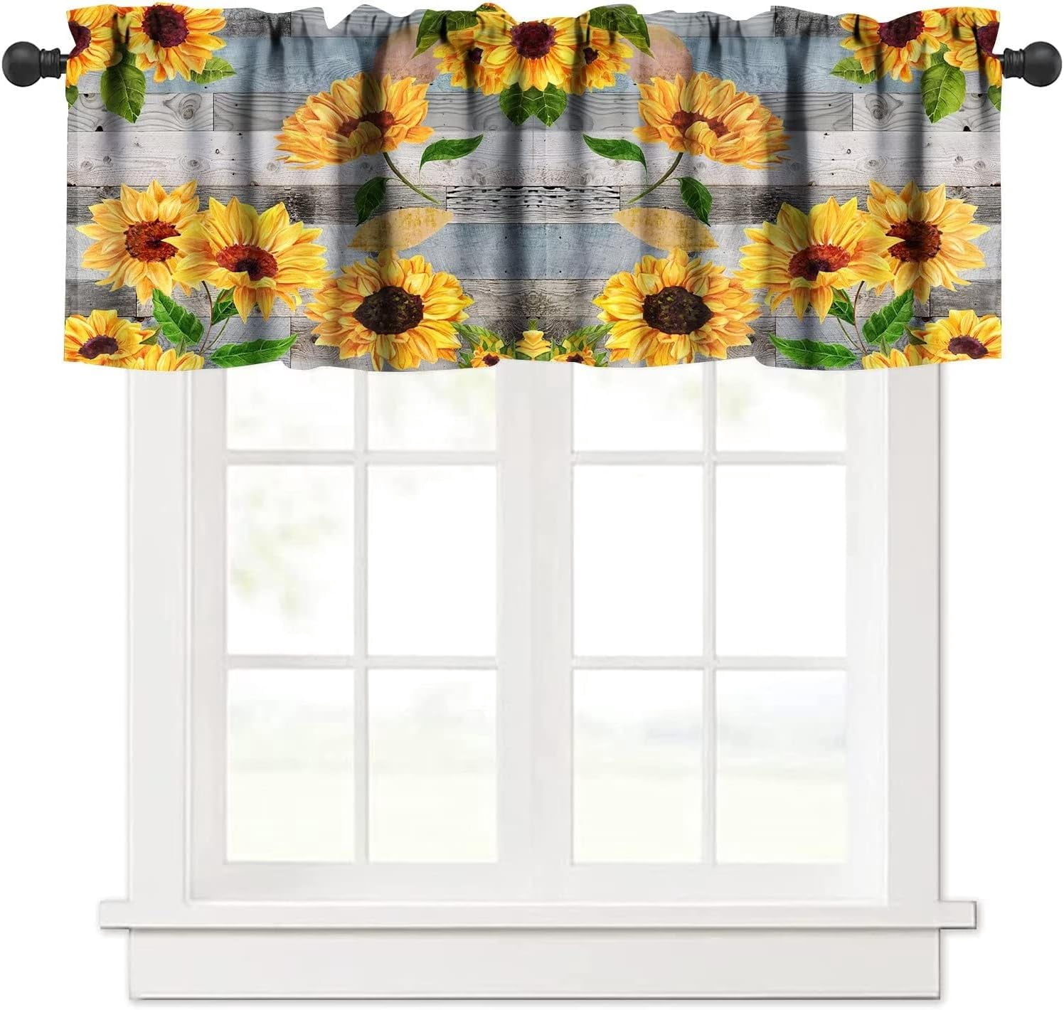 Sunflower on Rustic Wooden Valances Curtain, Spring Flower on Vinatge ...