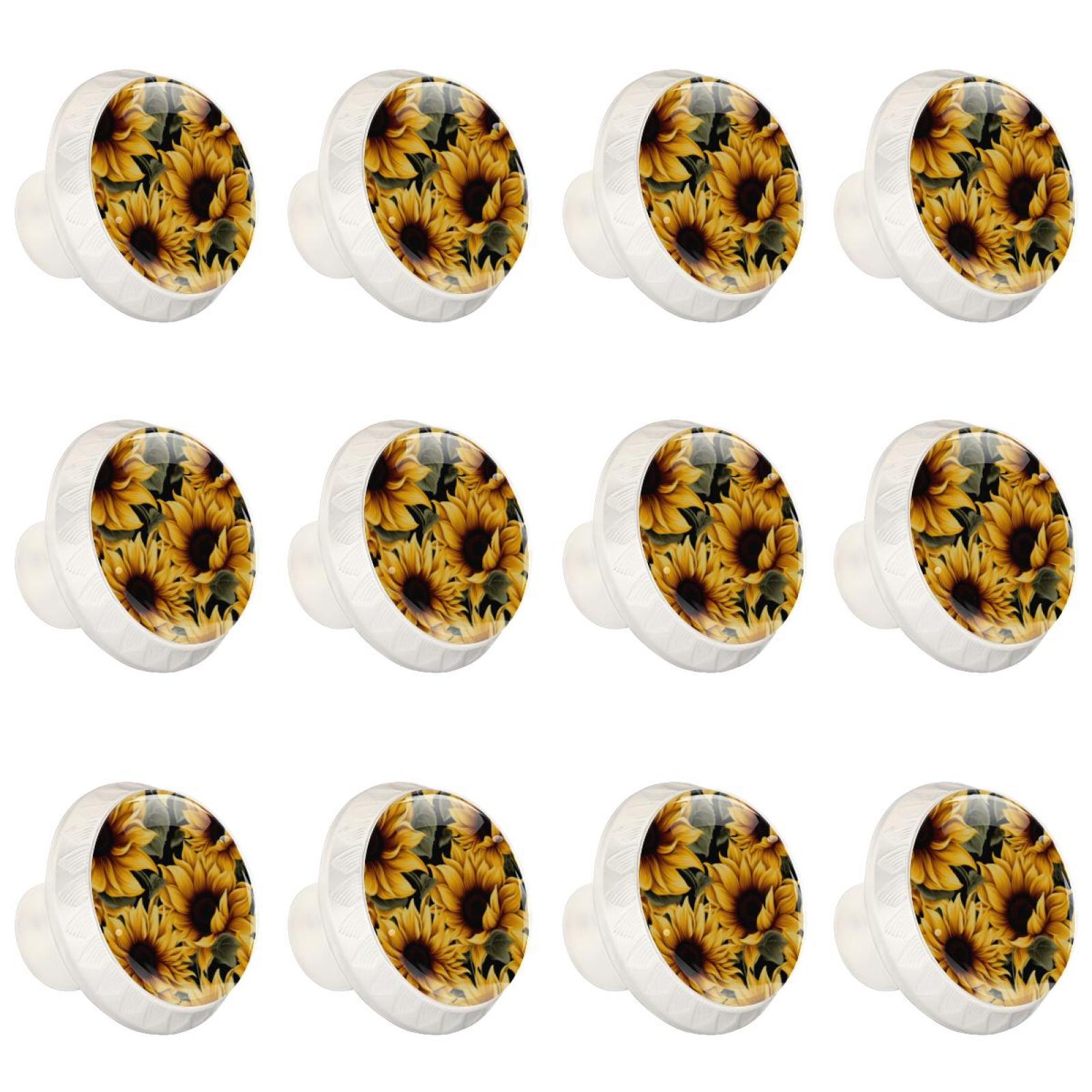 Sunflower Seamless Printing 12 Pcs White Round Drawer Pulls with Screws,ABS and Glass Cabinet ...