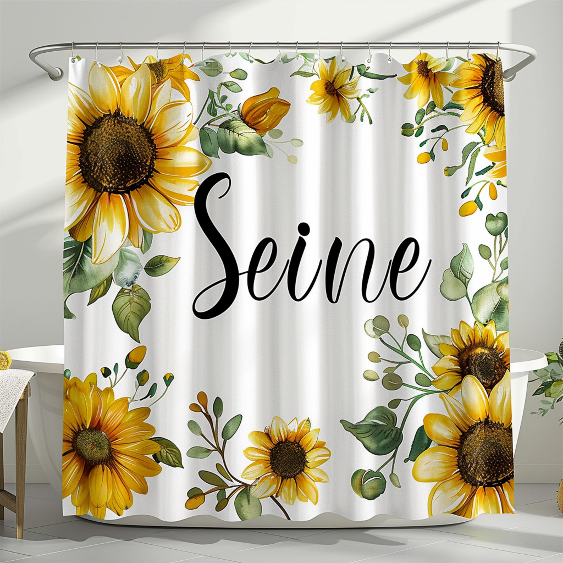 Sunflower Seine Shower Curtain with Cursive Script and Watercolor ...