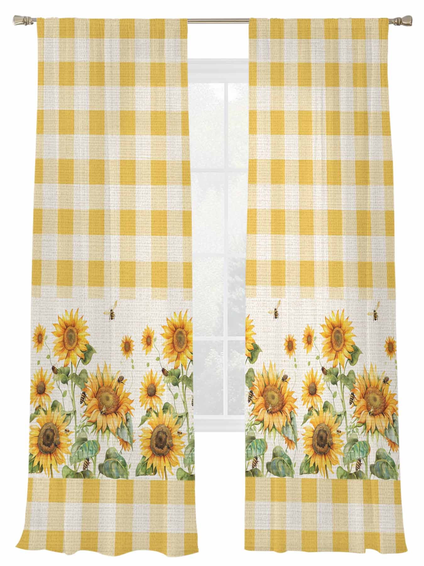 Sunflower Sheer Curtains 108 Inch Length 2 Panels Set, Semi Transparent ...