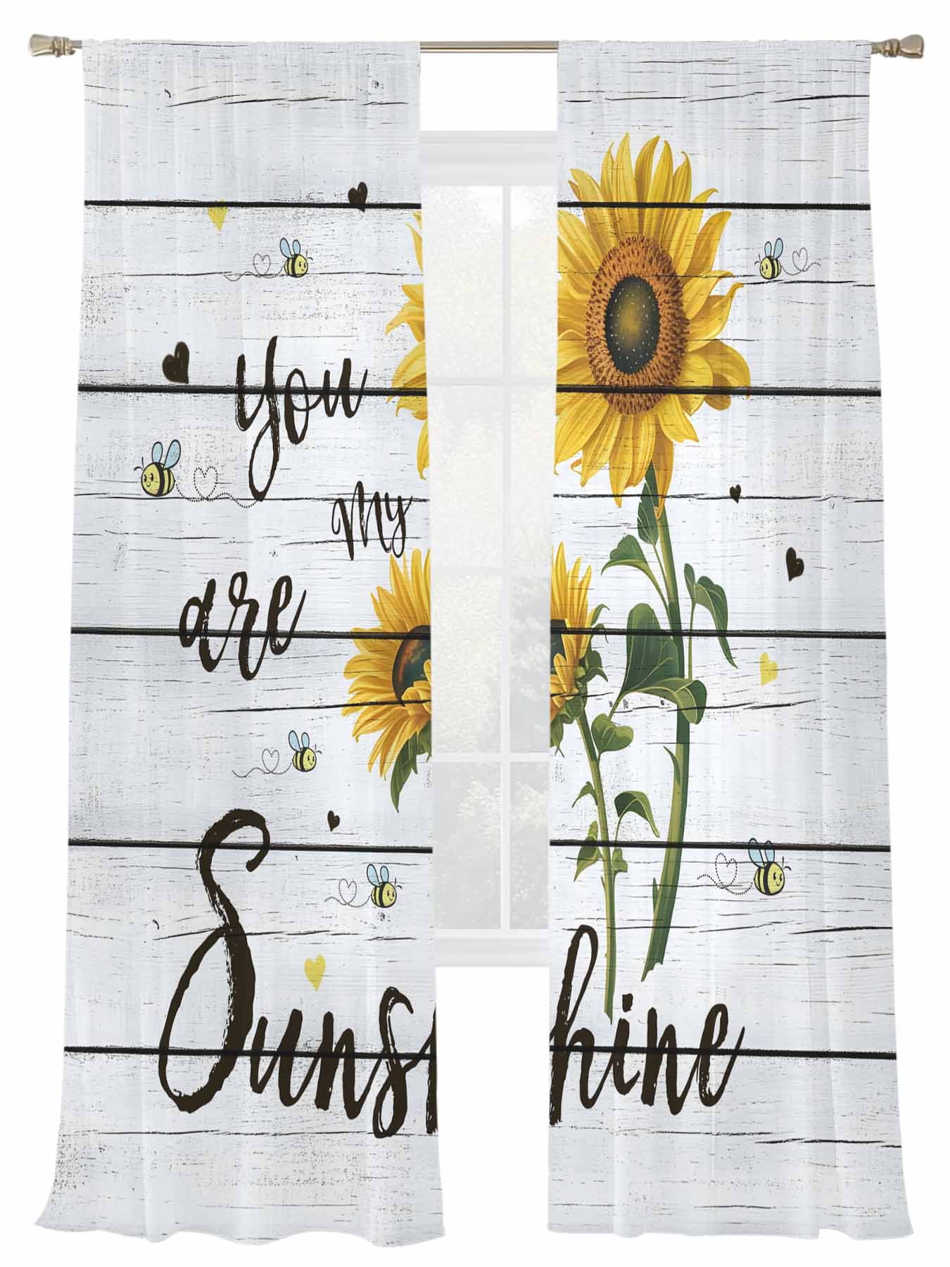 Sunflower Sheer Curtains 2 Panels Set Sunshine Plant Farmhouse Wood ...