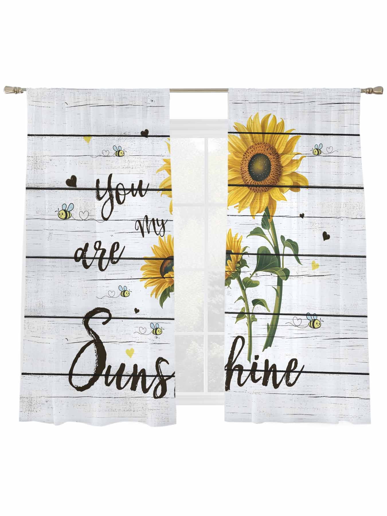 Sunflower Sheer Curtains 2 Panels Set Sunshine Plant Farmhouse Wood ...