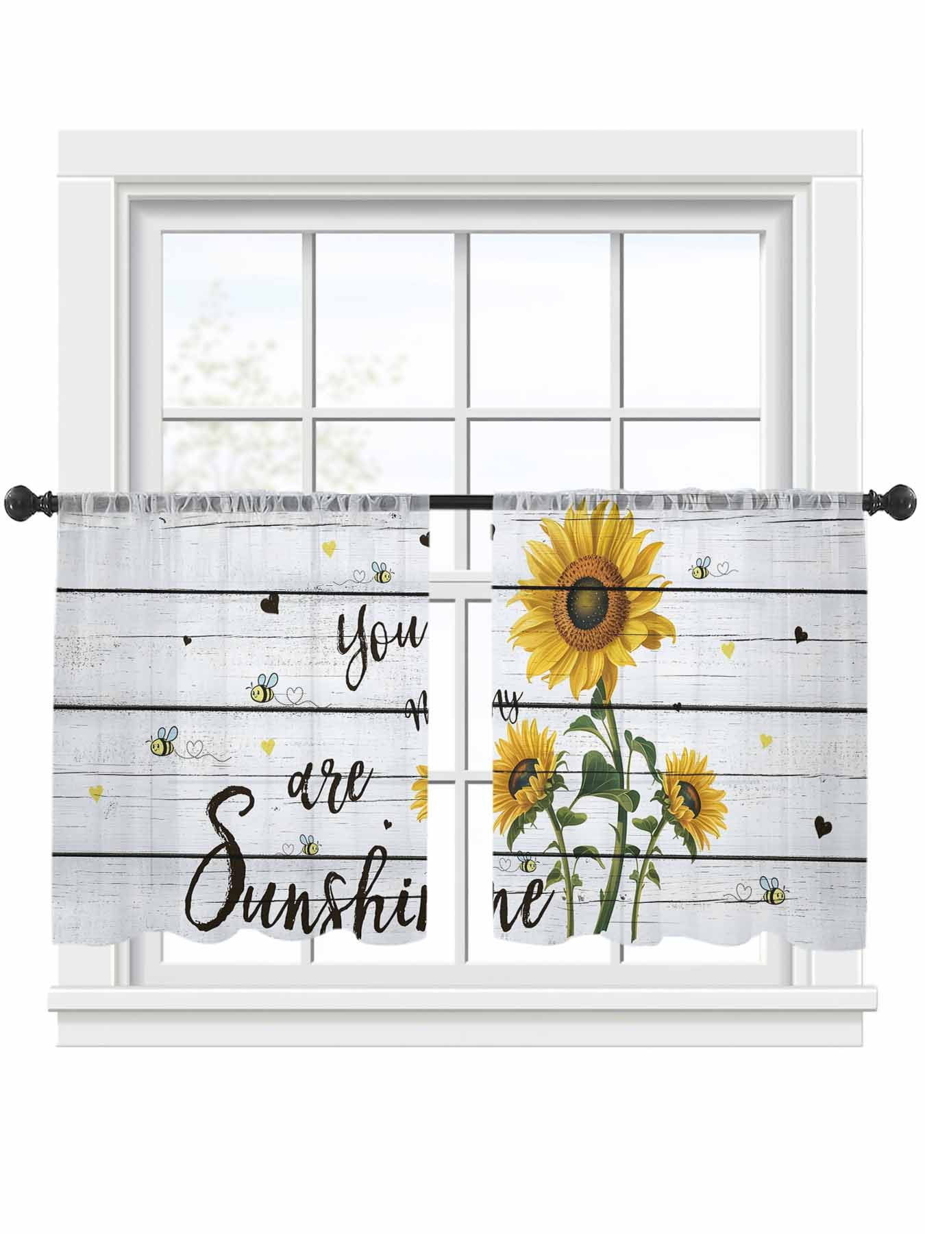 Sunflower Sheer Curtains 2 Panels Set Sunshine Plant Farmhouse Wood ...