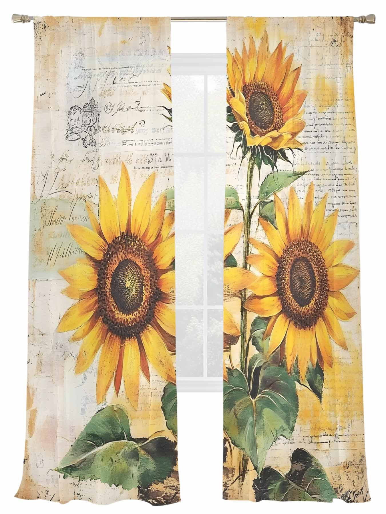 Sunflower Sheer Curtains 2 Panels Set Vintage Flower Watercolor Retro ...
