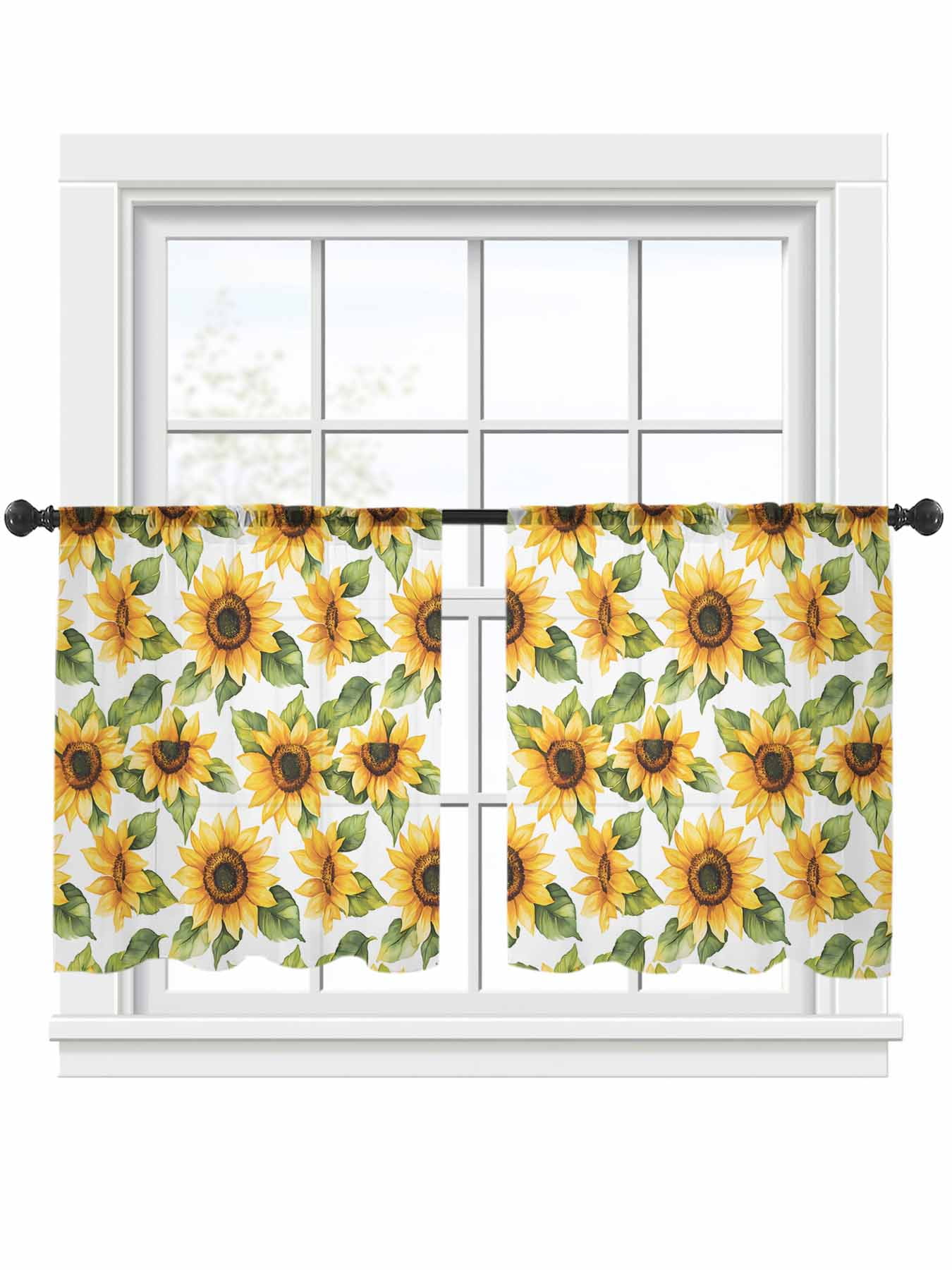 Sunflower Sheer Curtains 54 Inch Long 2 Panels, Farm Summer Yellow Plant Floral Leaf Country ...