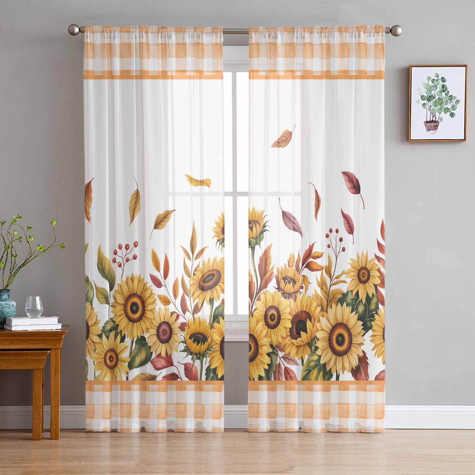 Sunflower Sheer Curtains 63 Inches Length 2 Panels Set, Window Sheer ...