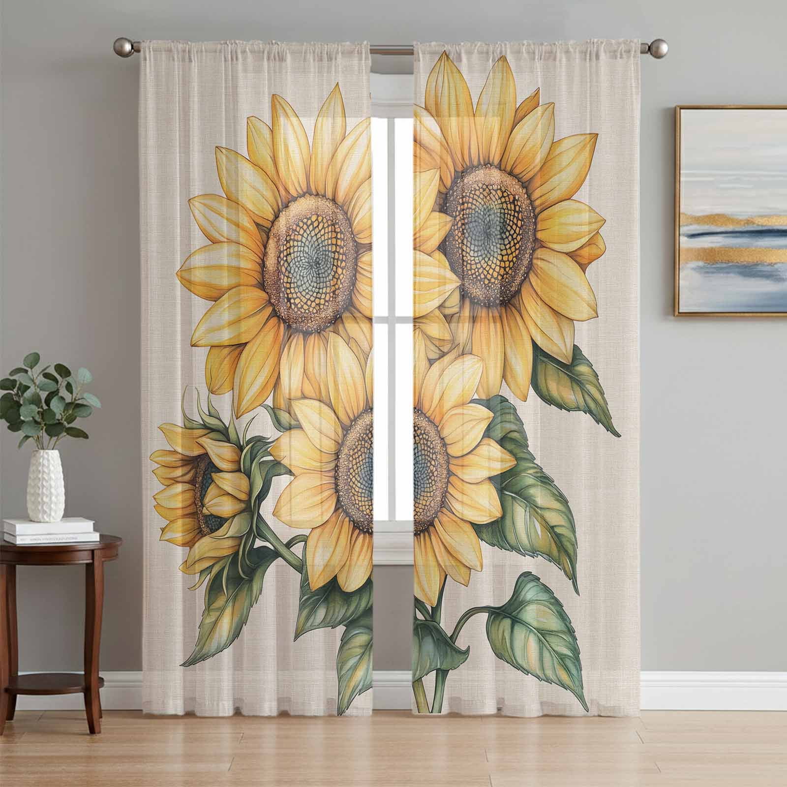 Sunflower Sheer Curtains 84 Inch Length 2 Panels Set, Farmhouse Yellow ...