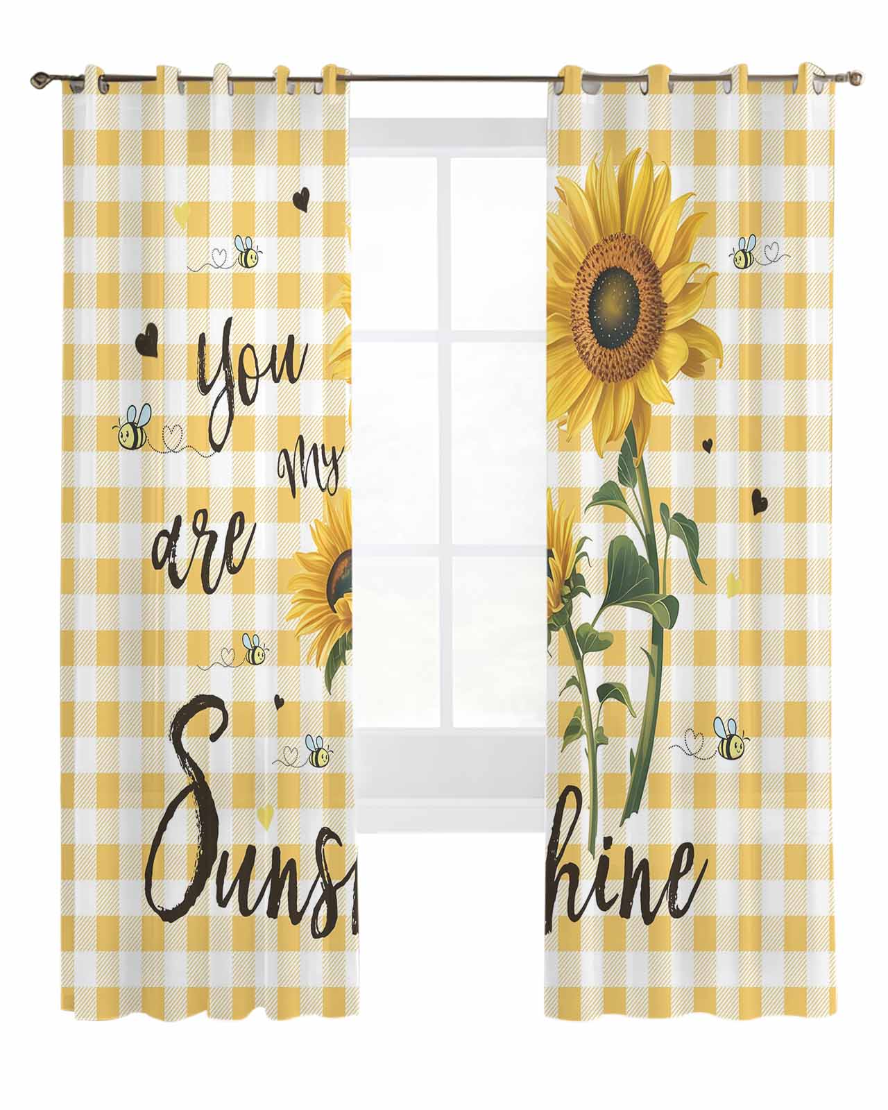 Sunflower Sheer Curtains 84 Inch Length 2 Panels Yellow Plaid Lattice ...