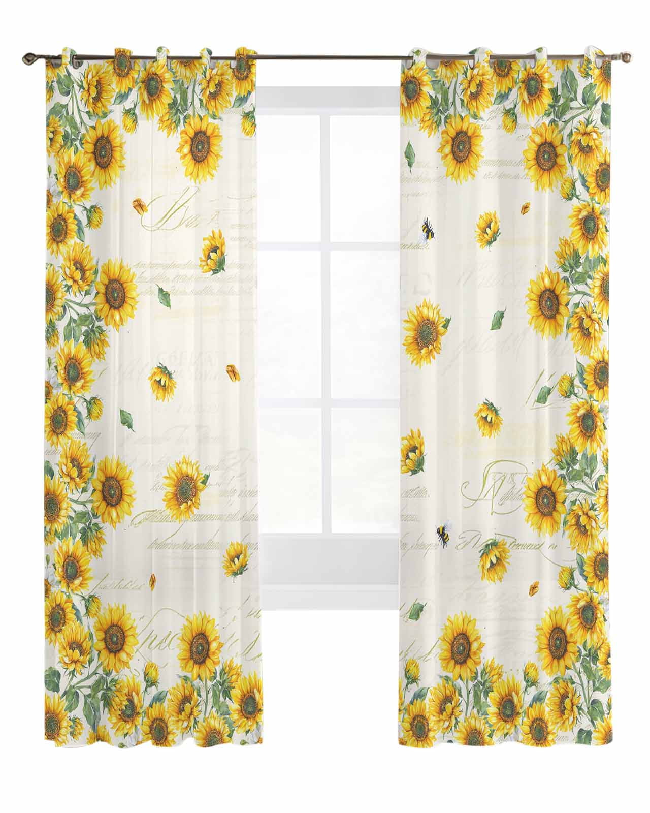 Sunflower Sheer Curtains 96 Inch Length 2 Panels Farm Botanical Plant ...