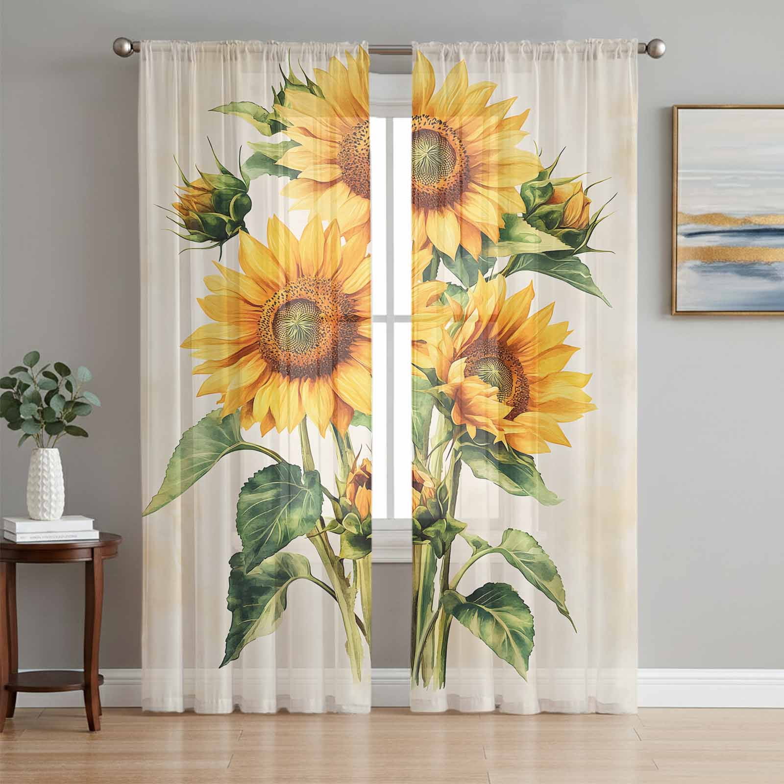Sunflower Sheer Curtains 96 Inch Length 2 Panels Set, Retro Farm Floral ...