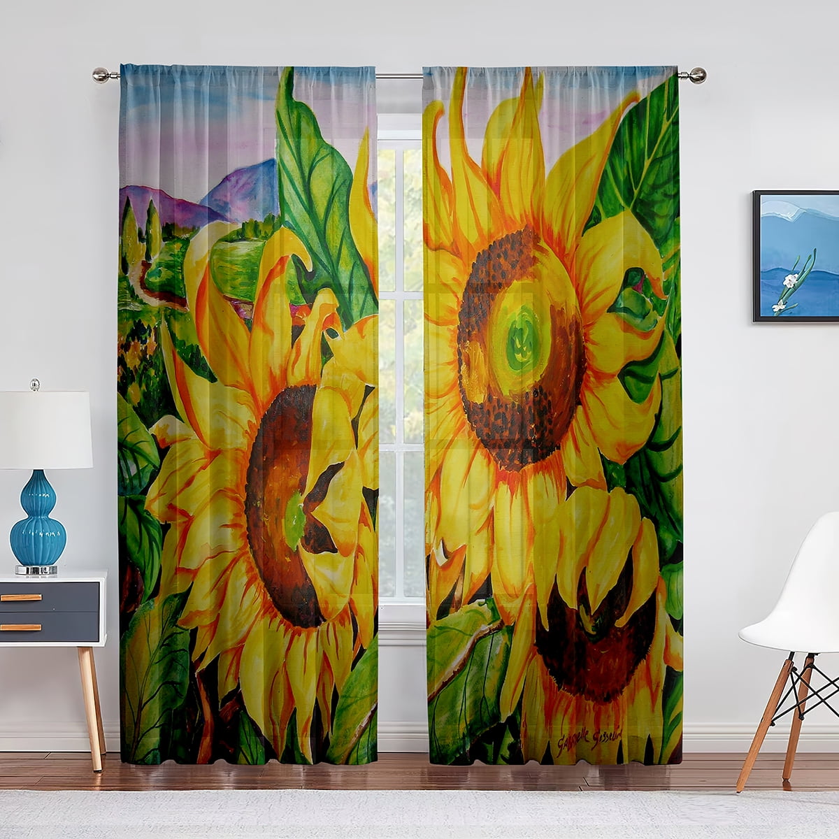 Sunflower Sheer Voile Curtain Oil Painting Art Theme Printed Chiffon ...