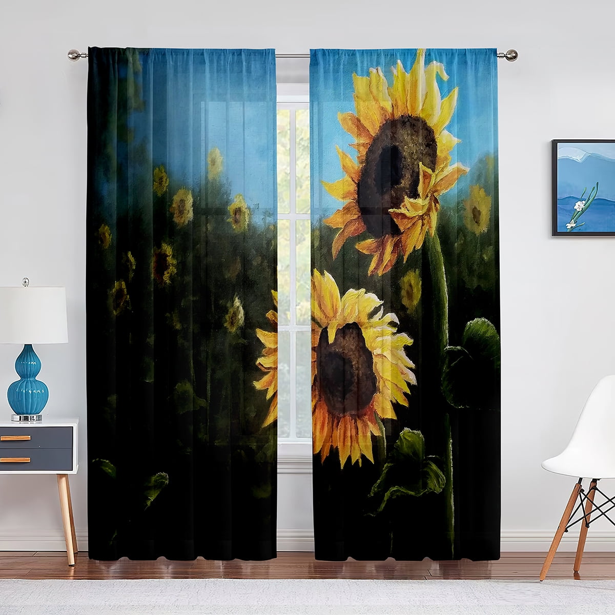 Sunflower Sheer Voile Curtain Oil Painting Art Theme Printed Chiffon ...