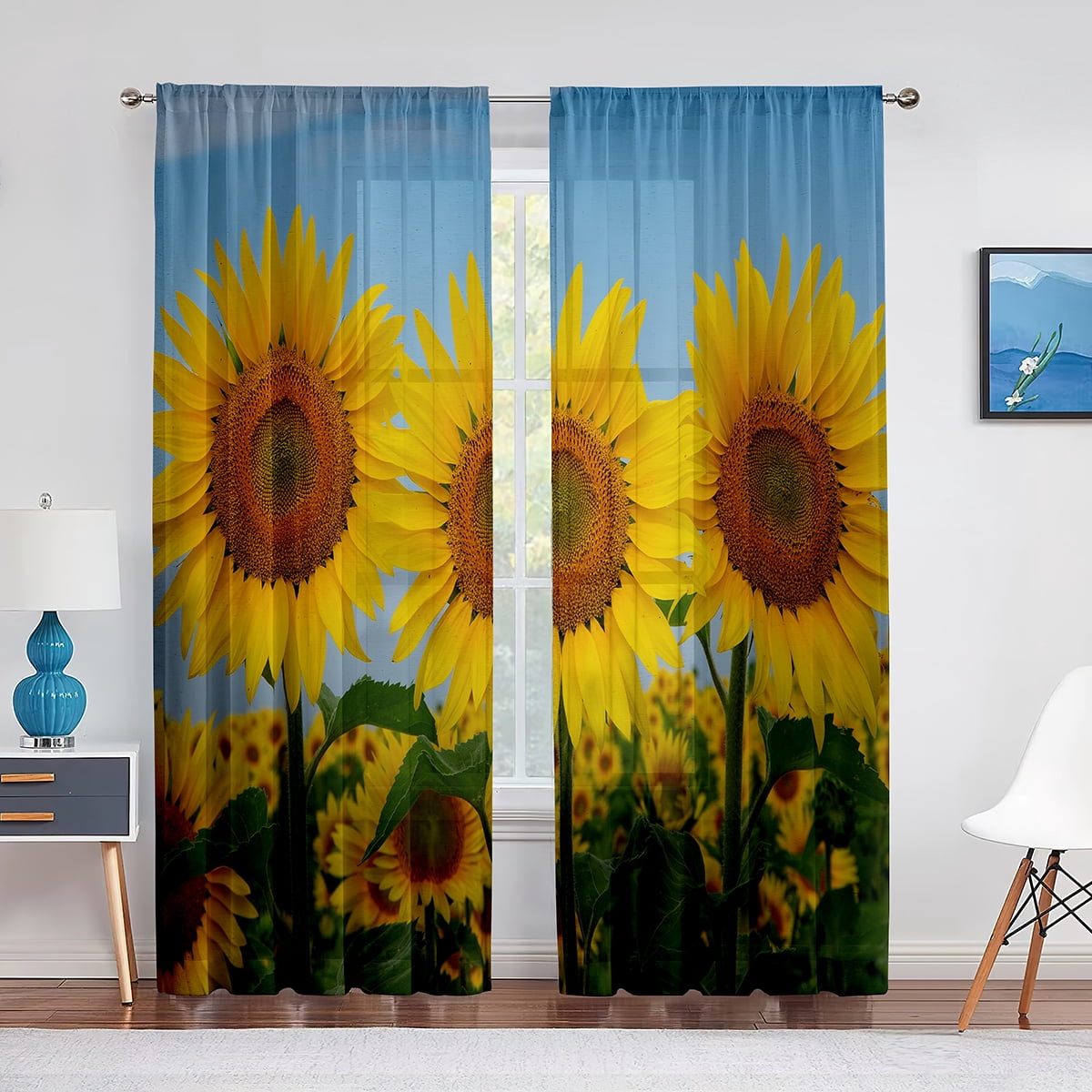Sunflower Sheer Voile Curtain Yellow Flowers Floral Field Plants Tulle ...