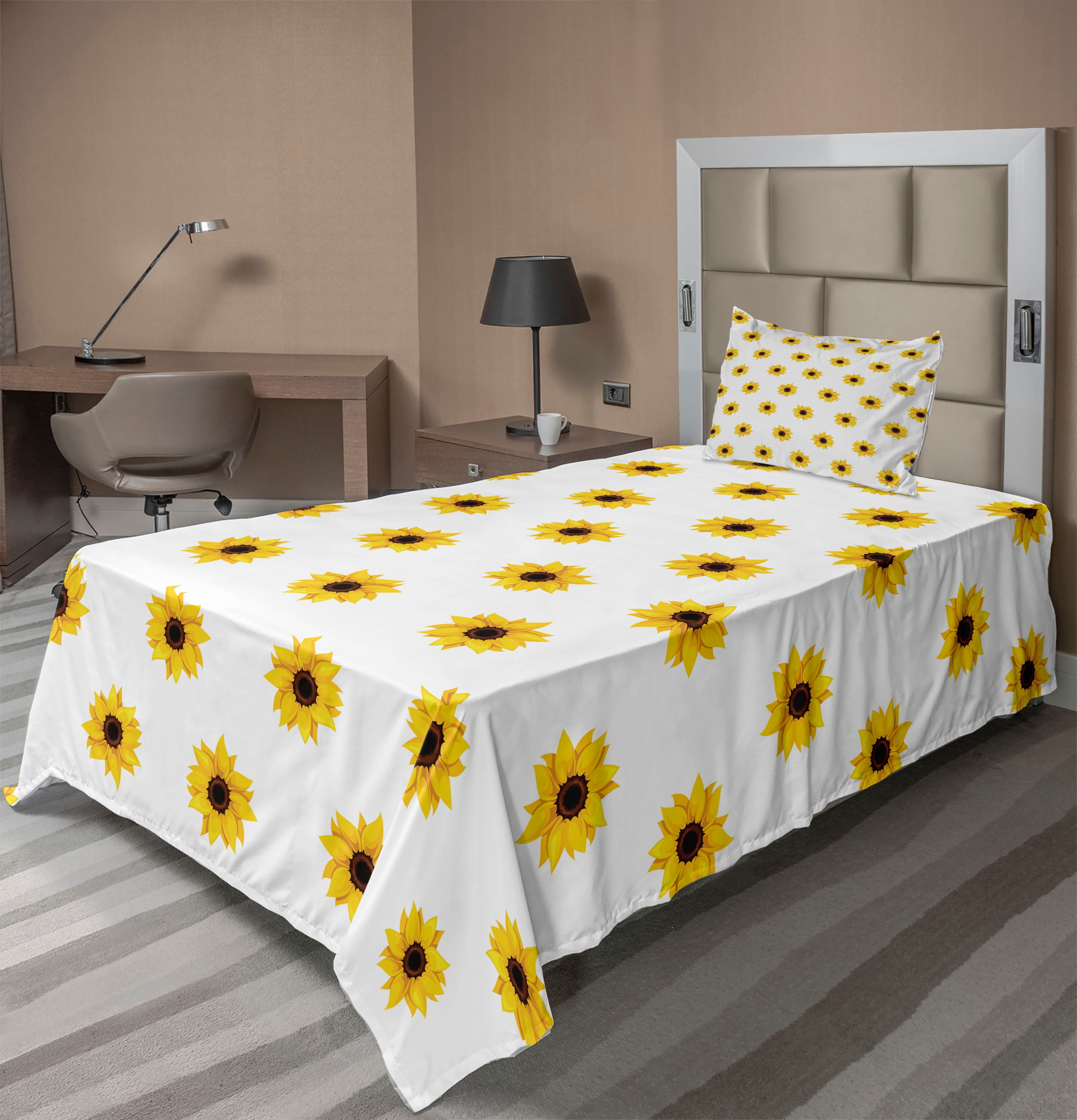 Sunflower Sheet Set, Sunflower Pattern on a White Background Vibrant ...